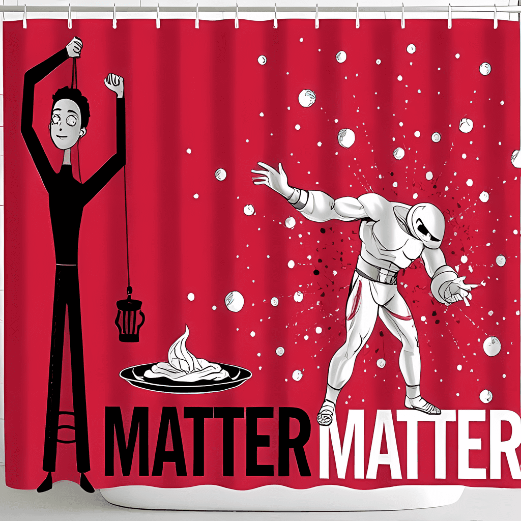 Vibrant Red Shower Curtain with Mystical Black Figure & Armored Hero ...
