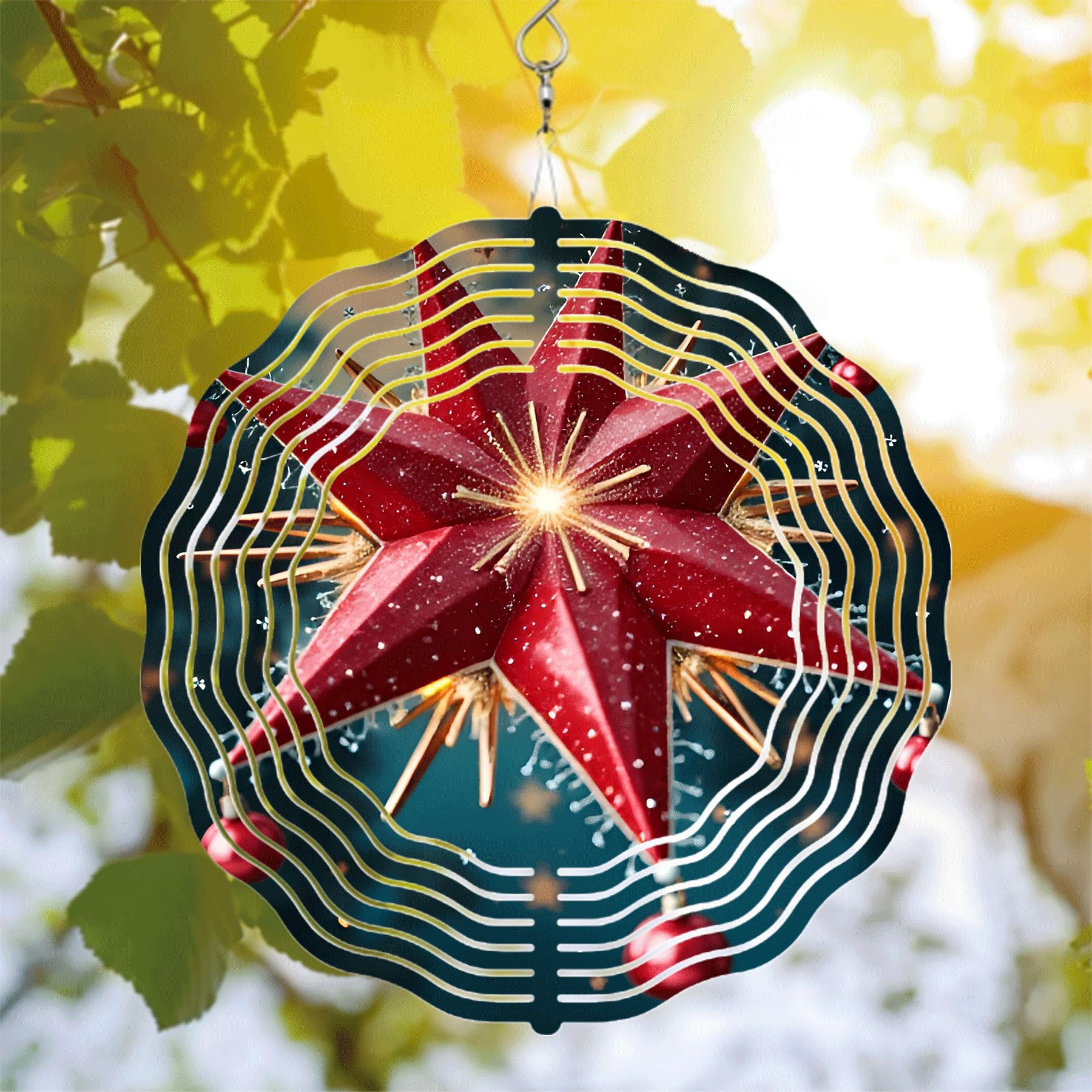 Vibrant Red Star Metal Wind Spinner with Golden Accents - Stunning ...