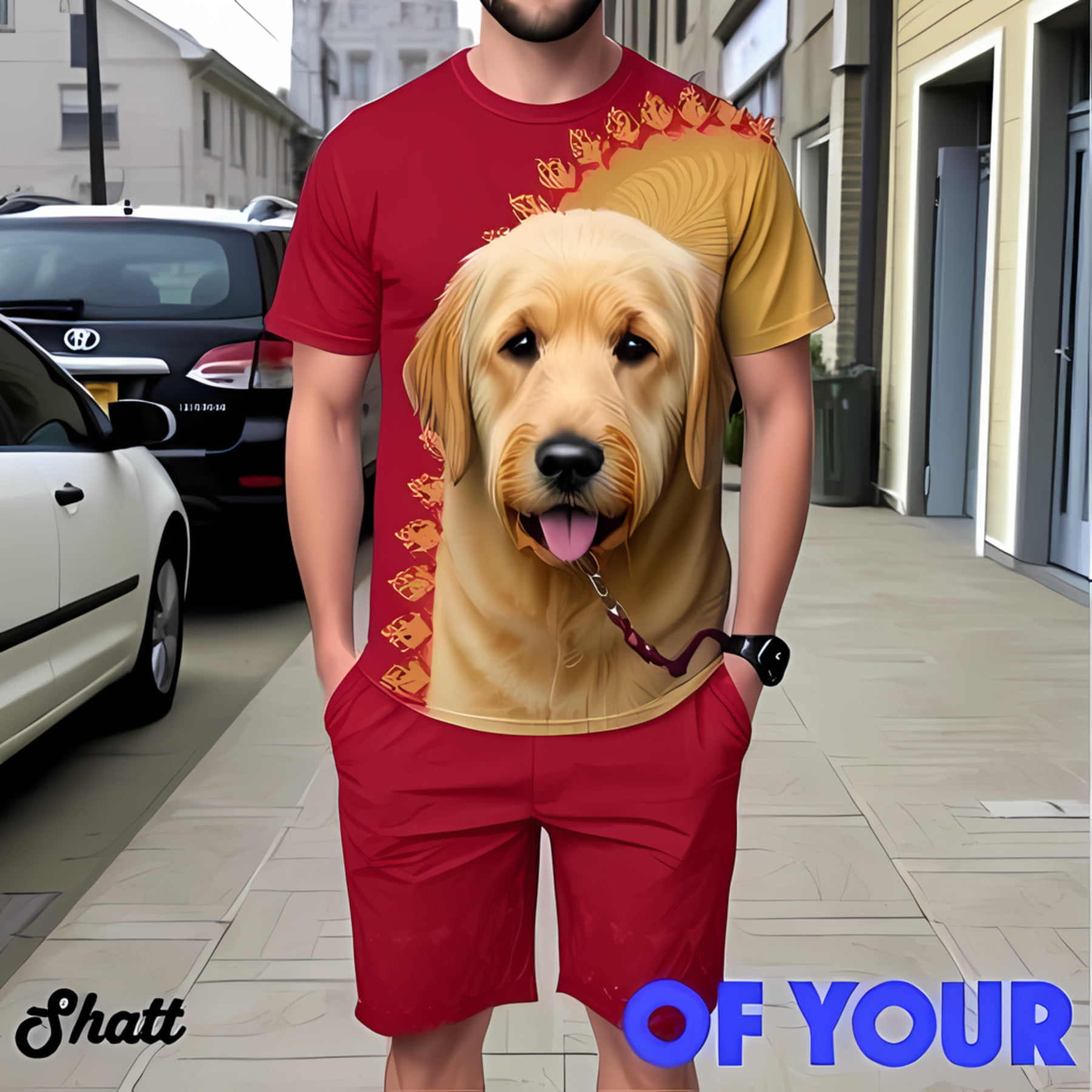 Vibrant Red T-Shirt and Shorts Set with Unique Contemporary-Traditional ...