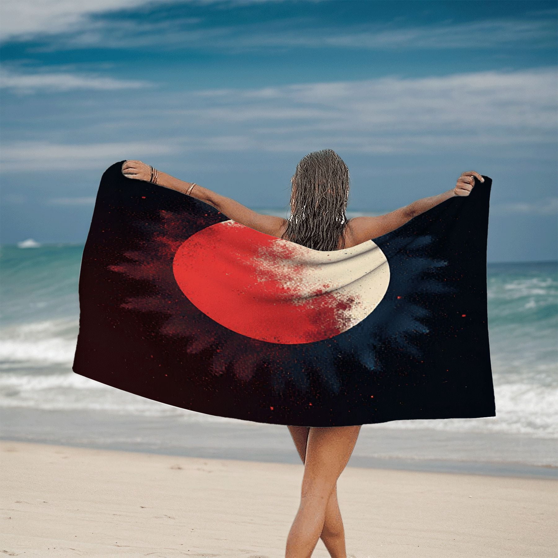 Vibrant Red and White Gradient Beach Towel - Celestial Body Design with ...