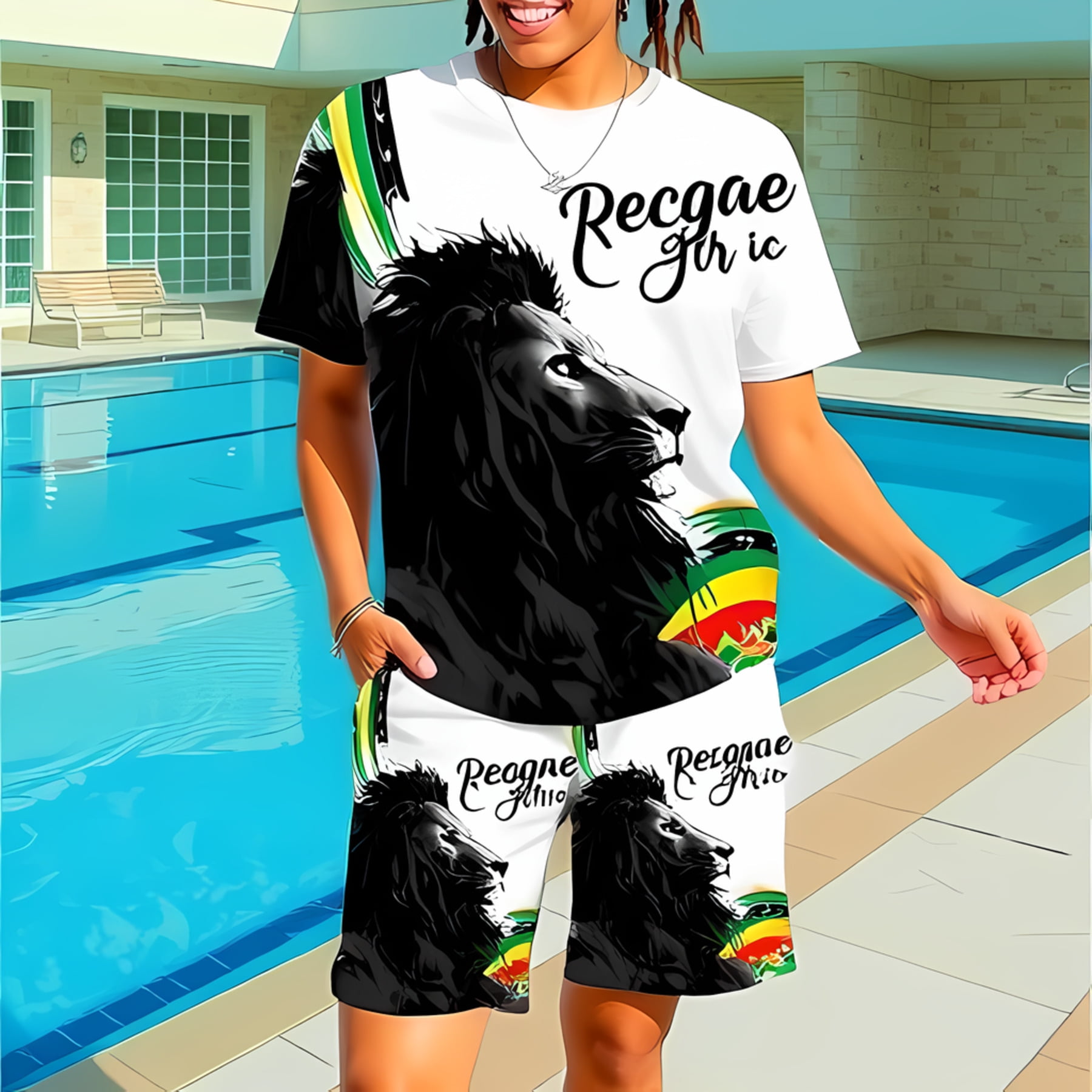 Vibrant Reggae - Themed T-Shirt & Shorts Set with Black Lion Design in Rastafarian Colors ...