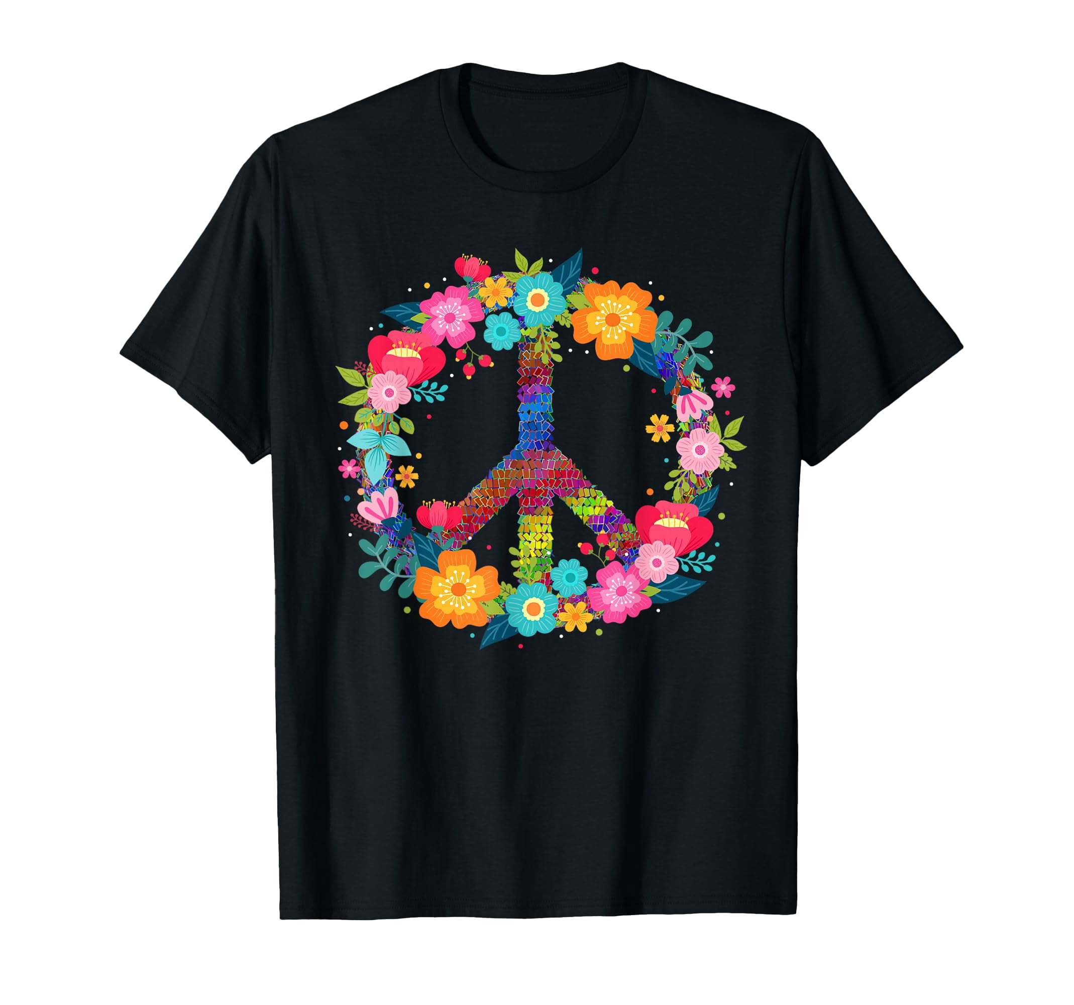 Vibrant Retro 60s 70s Peace Symbol Floral Design T-Shirt for Expressing ...