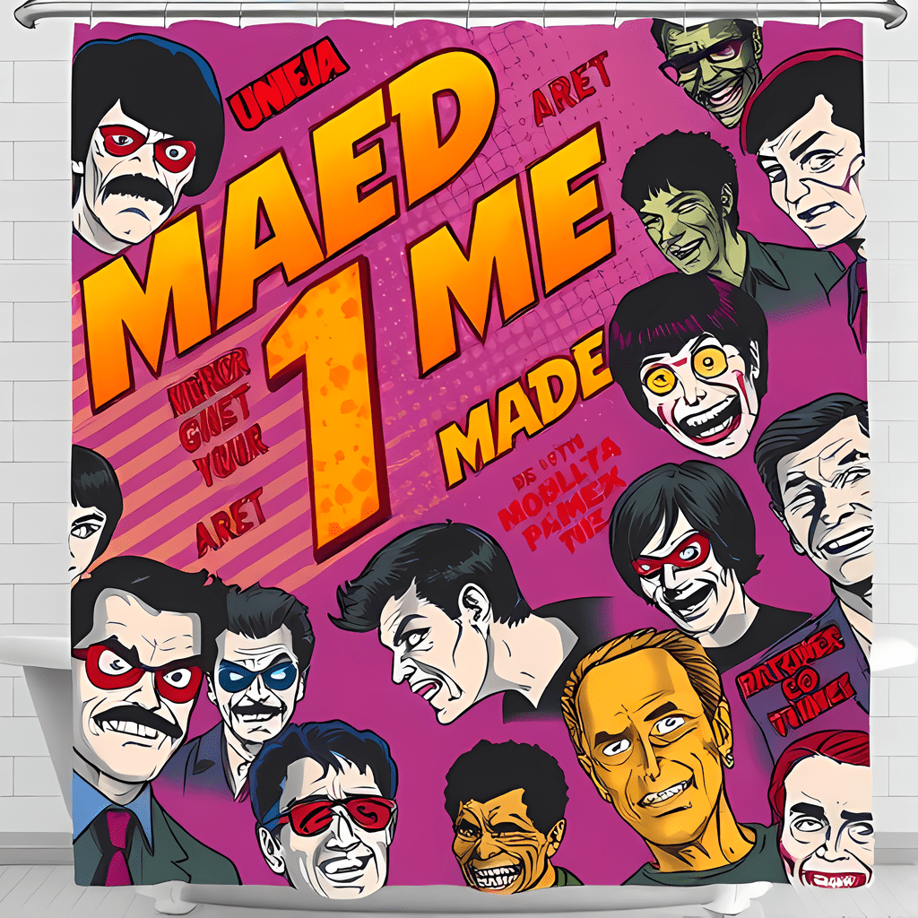 Vibrant Retro Cartoon Faces Shower Curtain - Bold "MAED 1 ME MADE ...