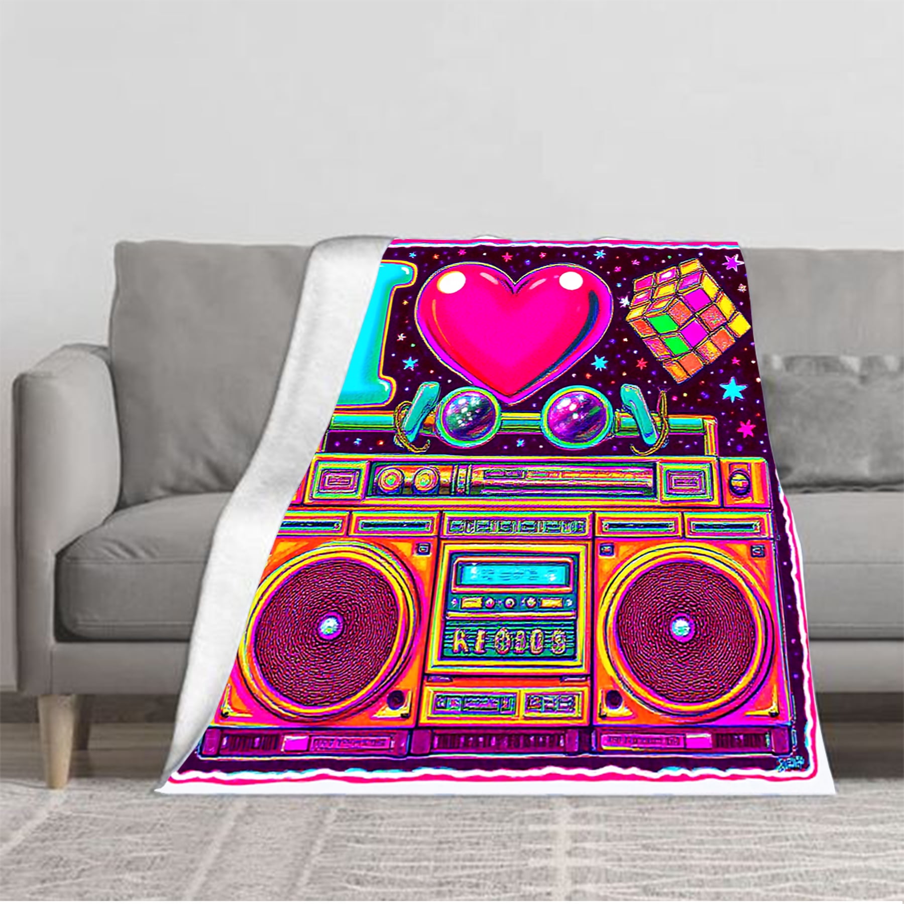 Vibrant Retro Flannel Blanket - Soft Cozy Design with Boombox Heart ...