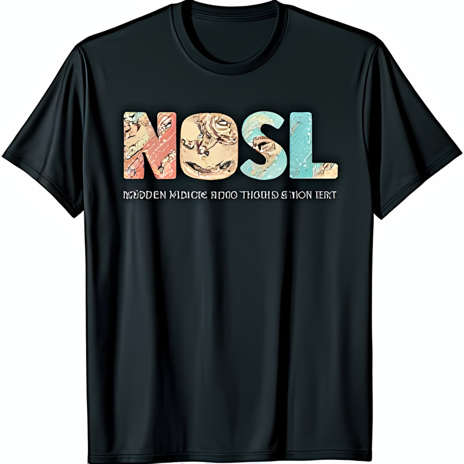 Vibrant Retro Inspired Black T-Shirt with Unique NOSL Graphic Design ...