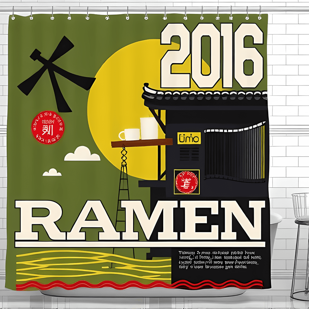 Vibrant Retro Ramen Shower Curtain - Green Design with Japanese ...