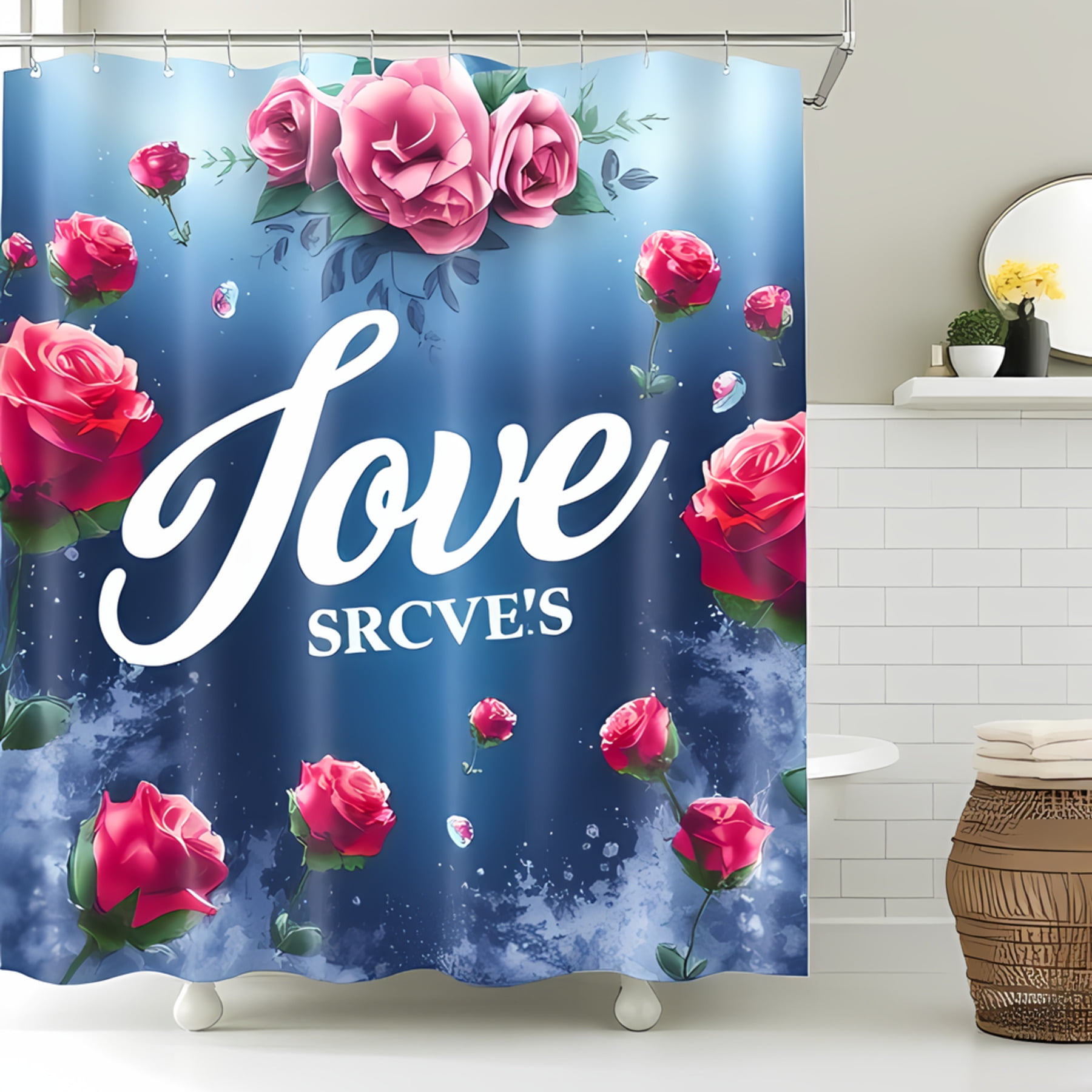 Vibrant Romantic Shower Curtain with Pink & Red Roses on Deep Blue ...