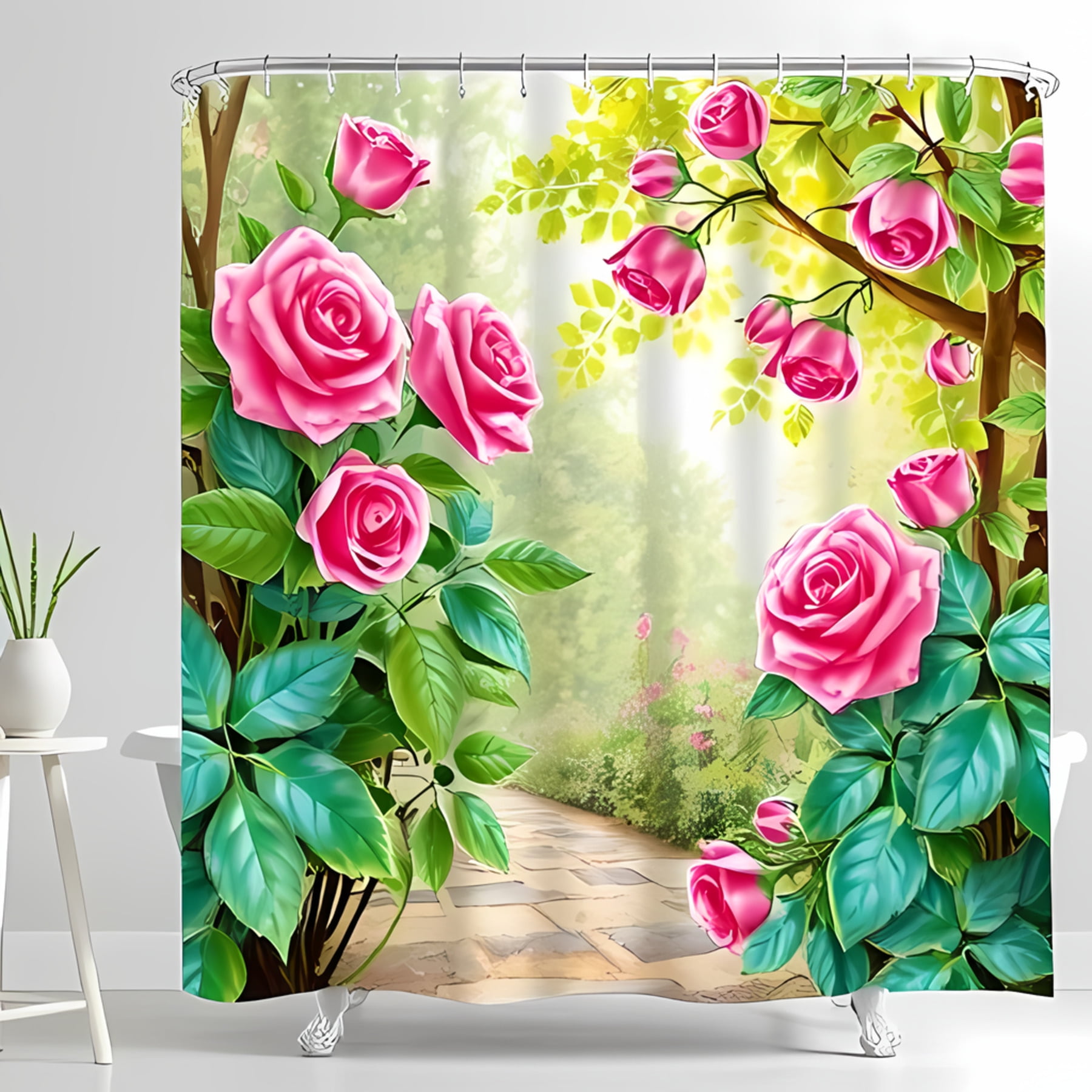 Vibrant Rose Garden Shower Curtain - Pink Blooms & Rustic Trellis ...