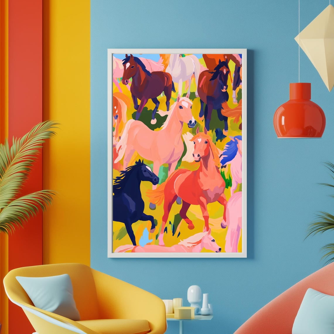 Vibrant Running Horses Print - Maximalist Horse Art, Colorful Equine ...