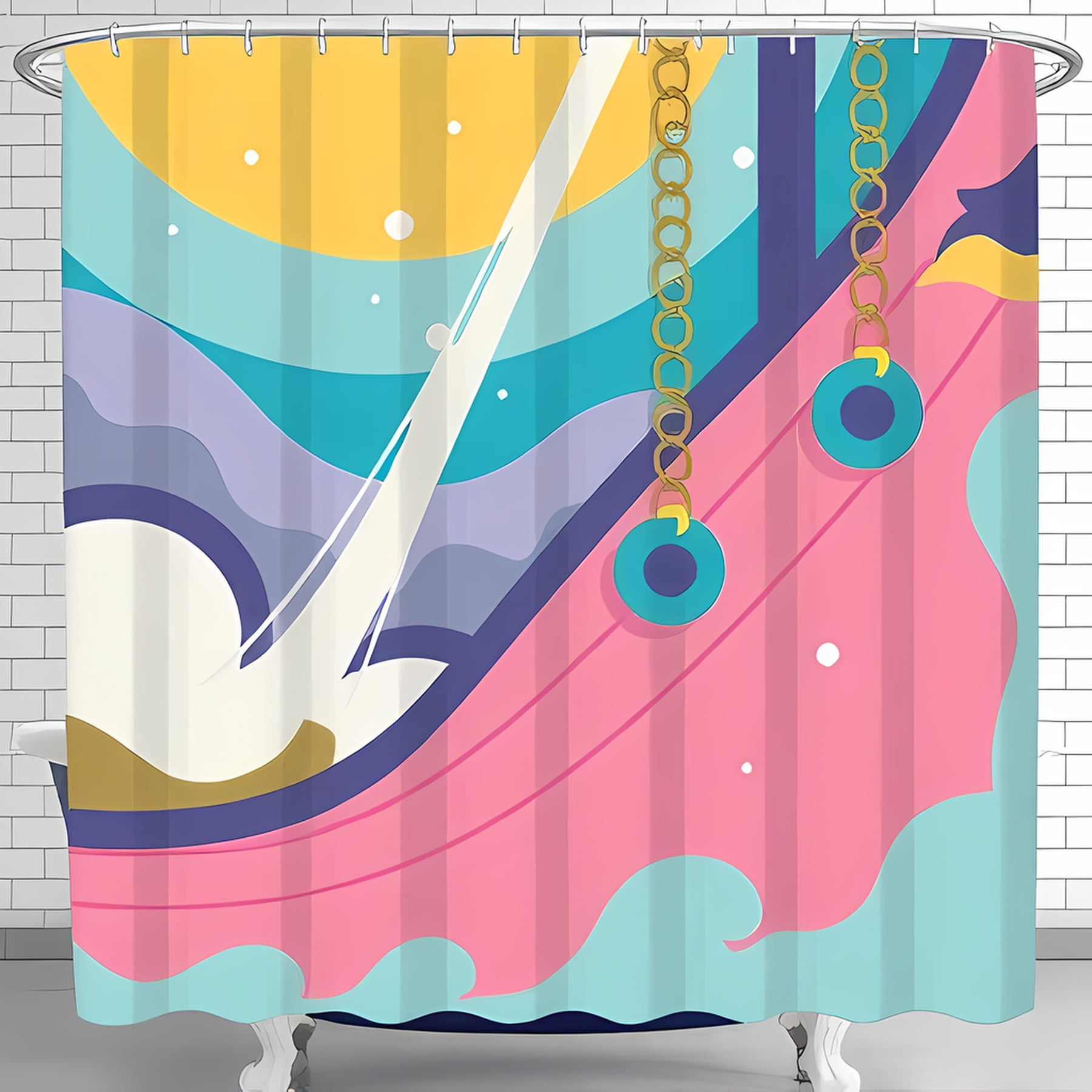 Vibrant Sailboat Shower Curtain - Whimsical Seascape Design with Gold ...