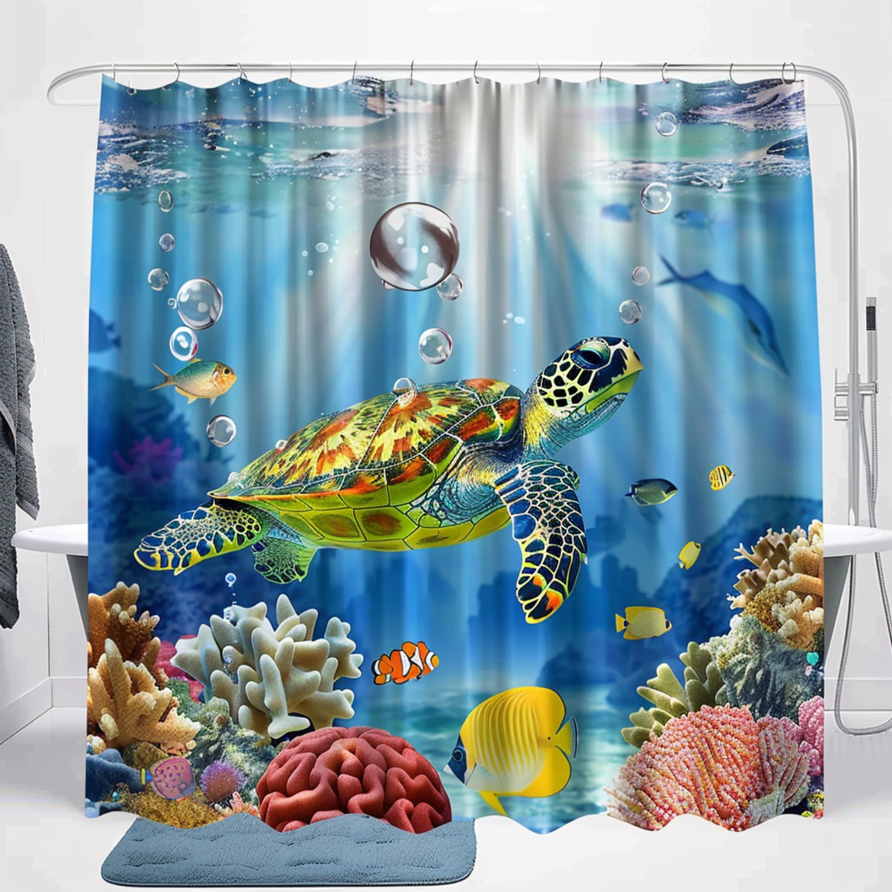 Vibrant Sea Turtle and Coral Reef Shower Curtain Set Hyper Realistic ...