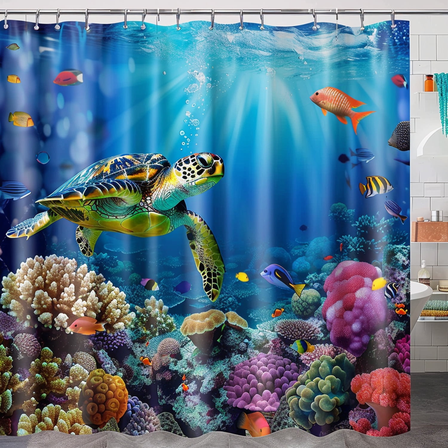 Vibrant Sea Turtle And Coral Reef Shower Curtain For Underwater Scene