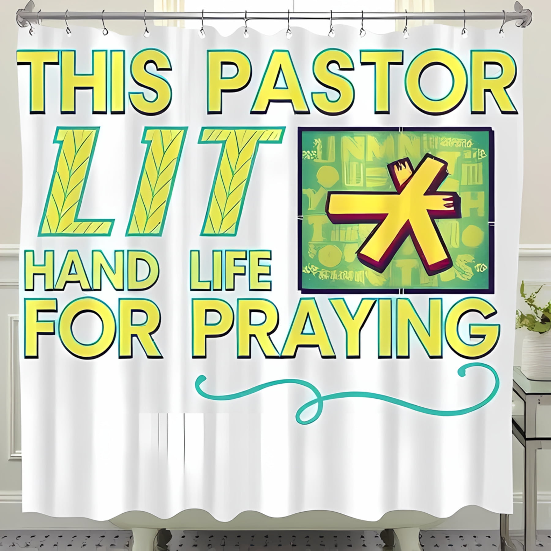 Vibrant Shower Curtain with Bold Yellow Text " This Pastor Lit Hand ...