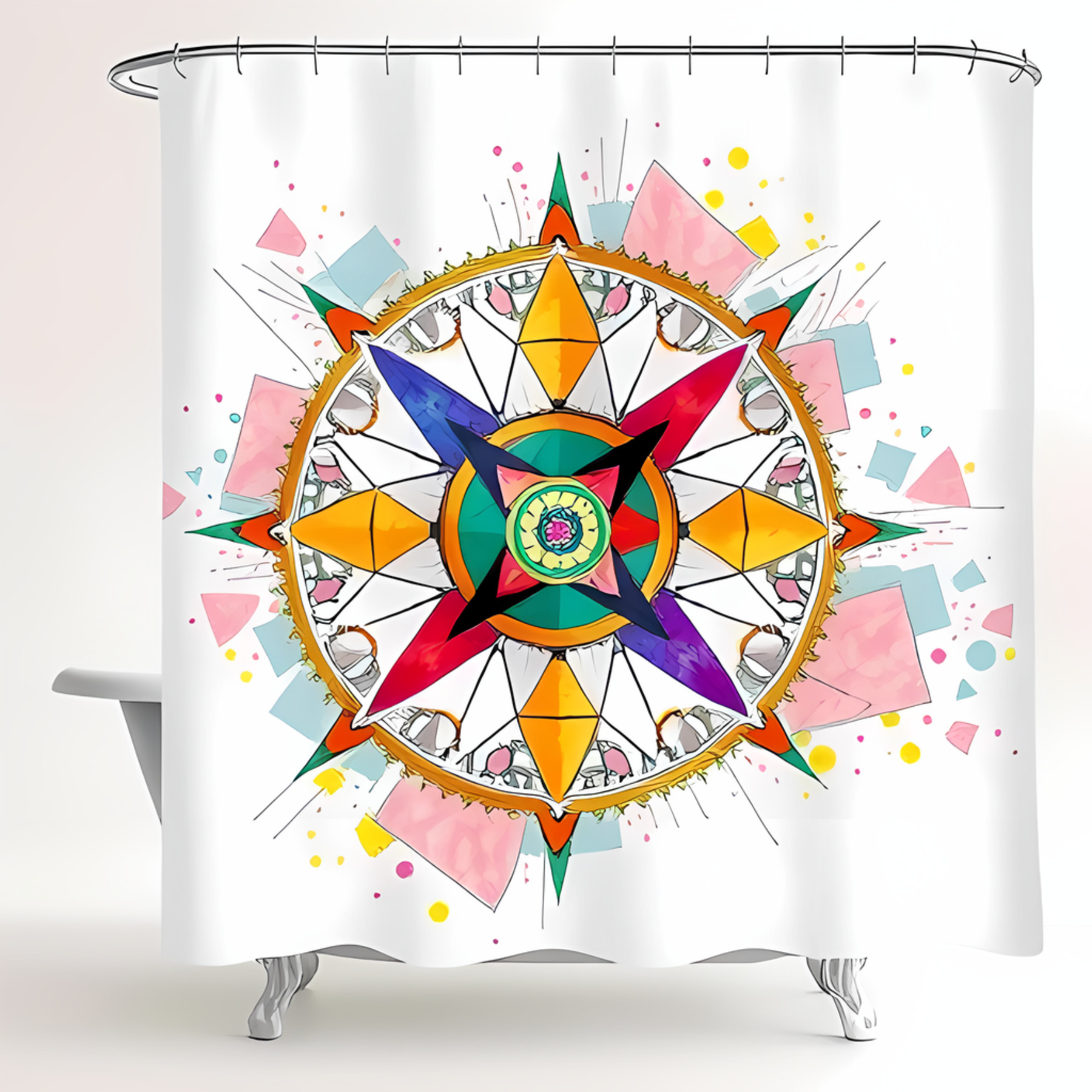 Vibrant Shower Curtain - Rose Design with Geometric Shapes in Bold ...