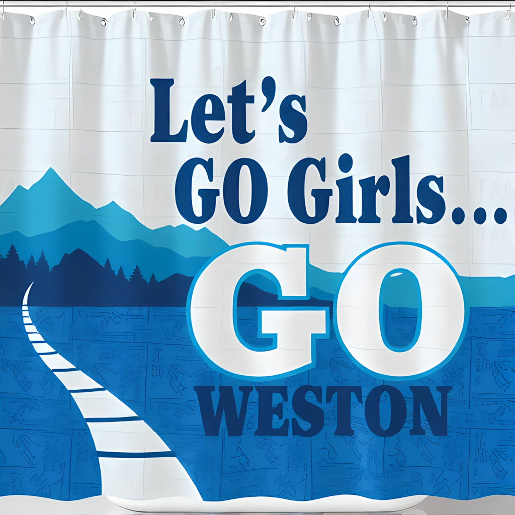 Vibrant Shower Curtain with Bold 'Let's Go Girls GO ' Text Scenic Blue ...
