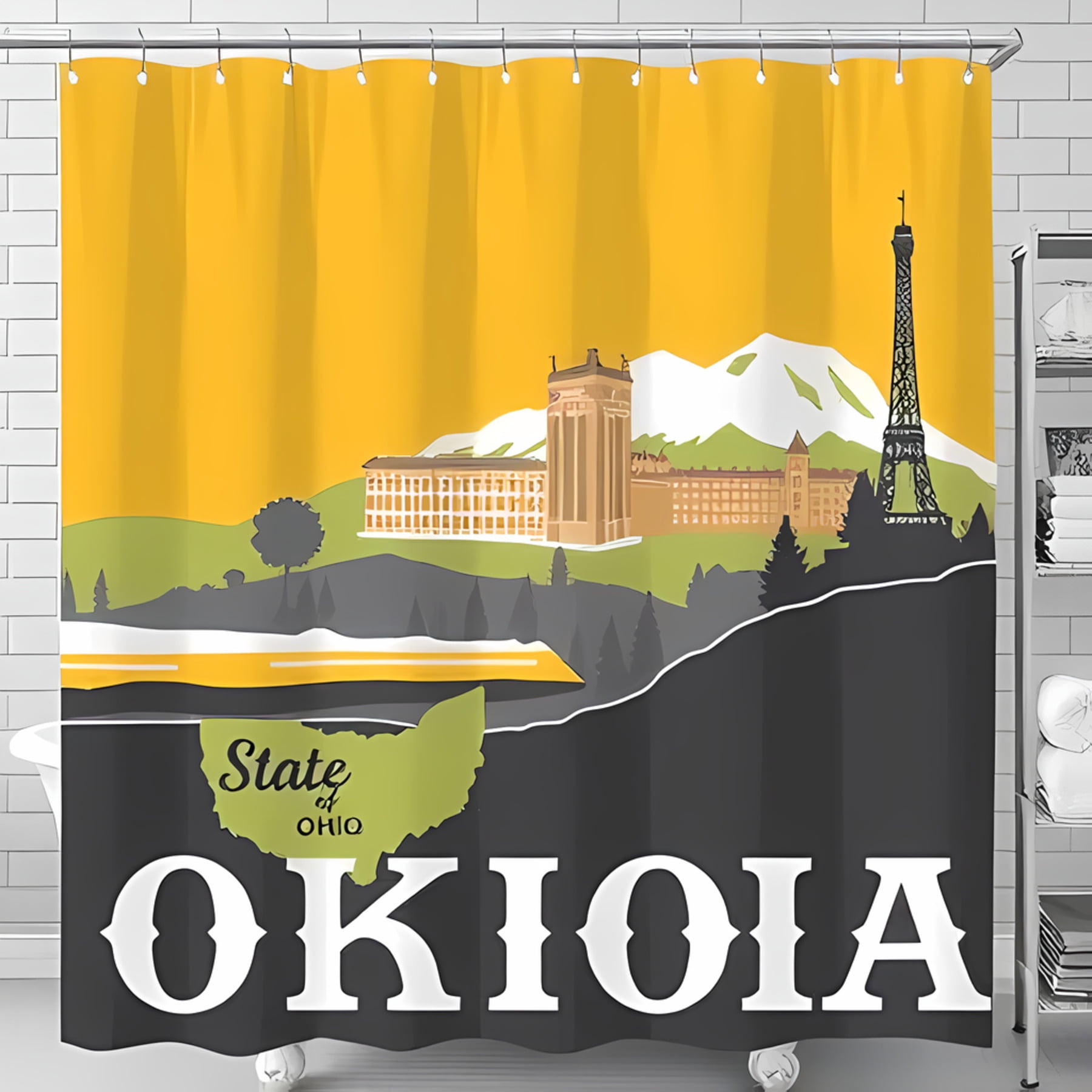 Vibrant Shower Curtain with Bold Yellow Background Iconic Architecture ...