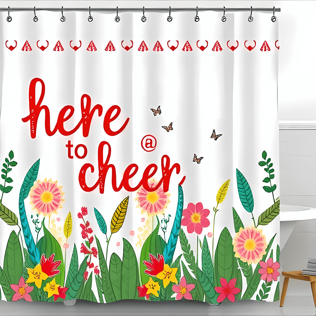Vibrant Shower Curtain with "Here to Cheer" Script & Colorful Floral ...