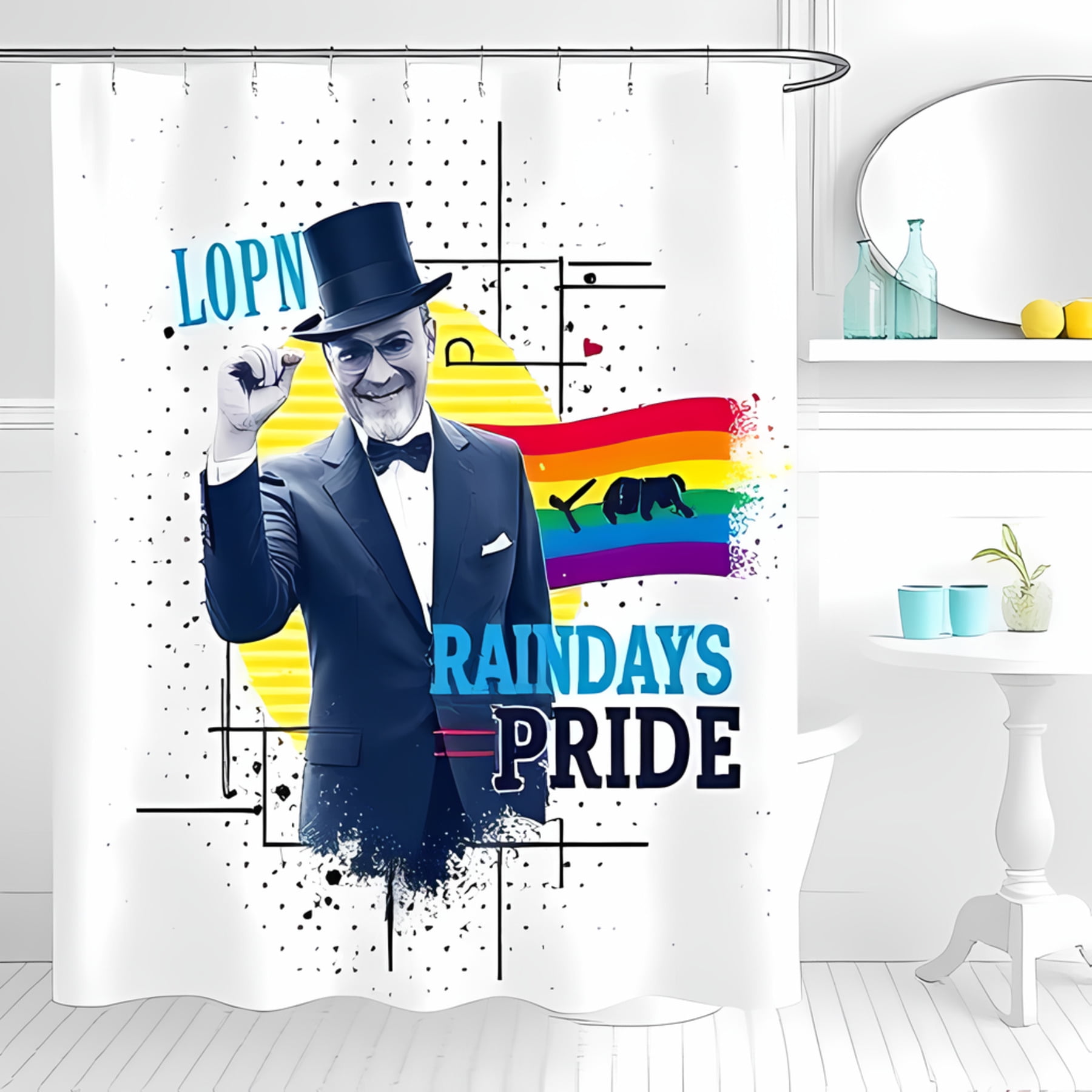 Vibrant Shower Curtain with Man Top Hat Rainbow Flag & Celebratory Text ...