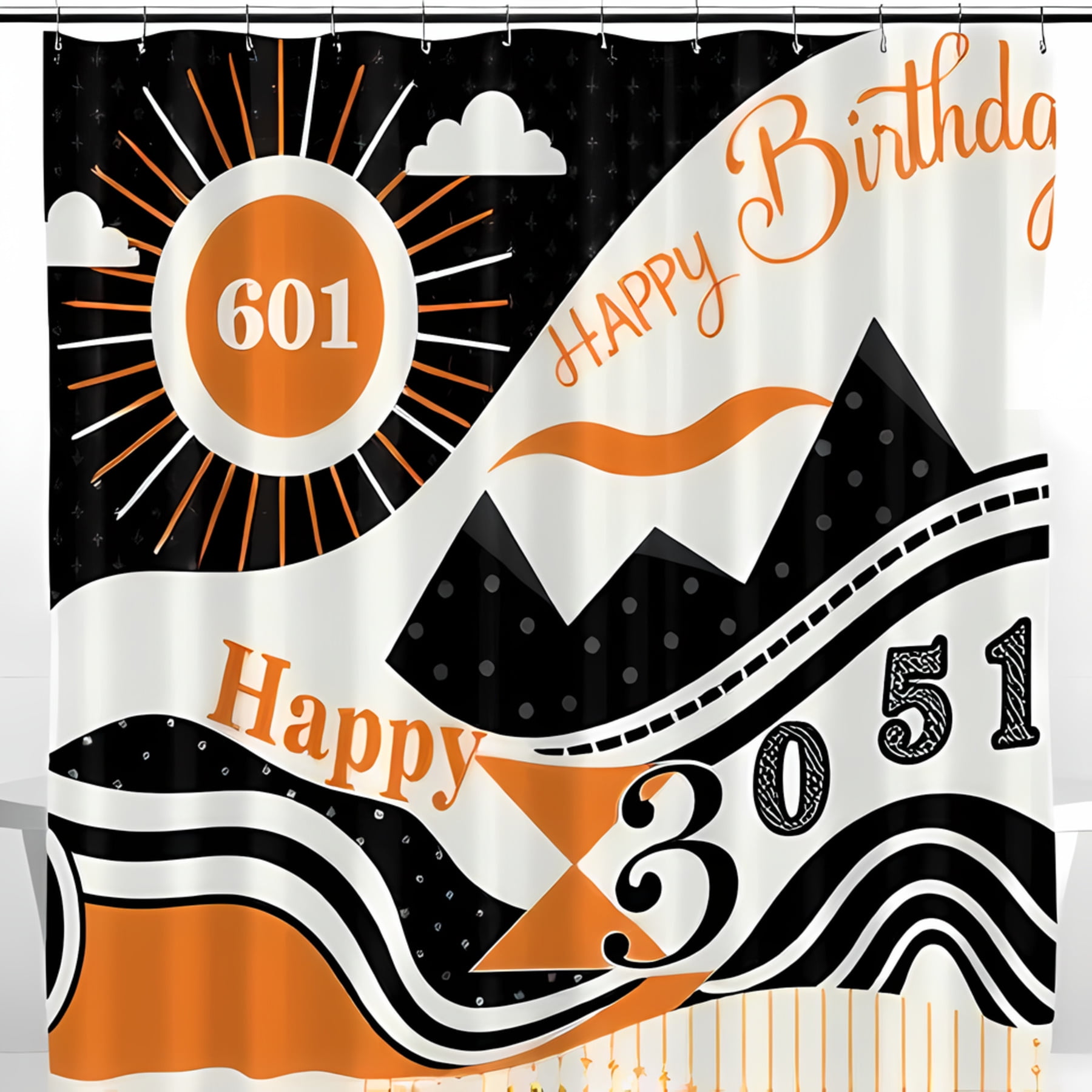 Vibrant Shower Curtain with Orange Circle & 'Happy Birthday' Cursive Bold '3051' Black & White ...