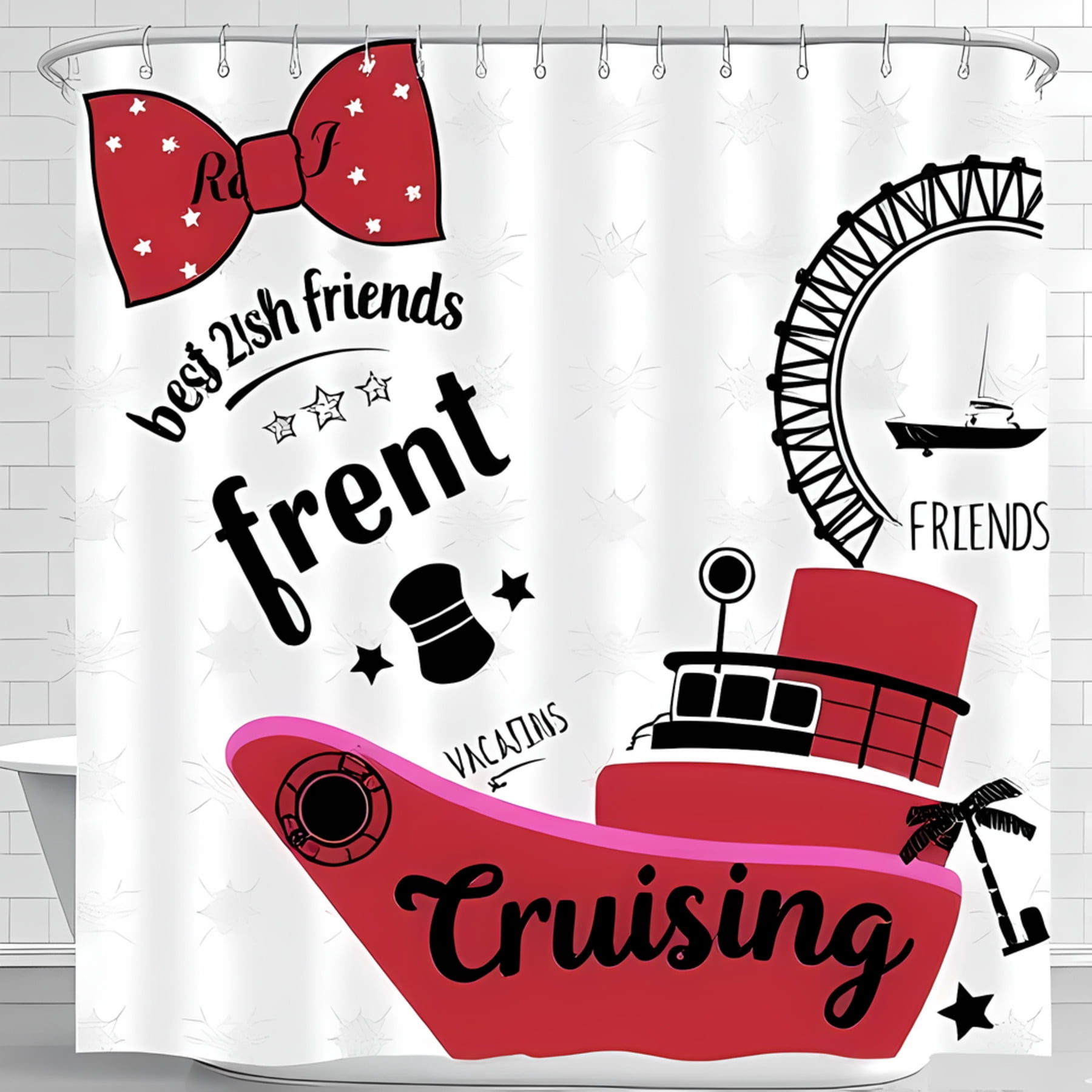 Vibrant Shower Curtain with Tugboat Top Hat Bow Tie & Ferris Wheel ...