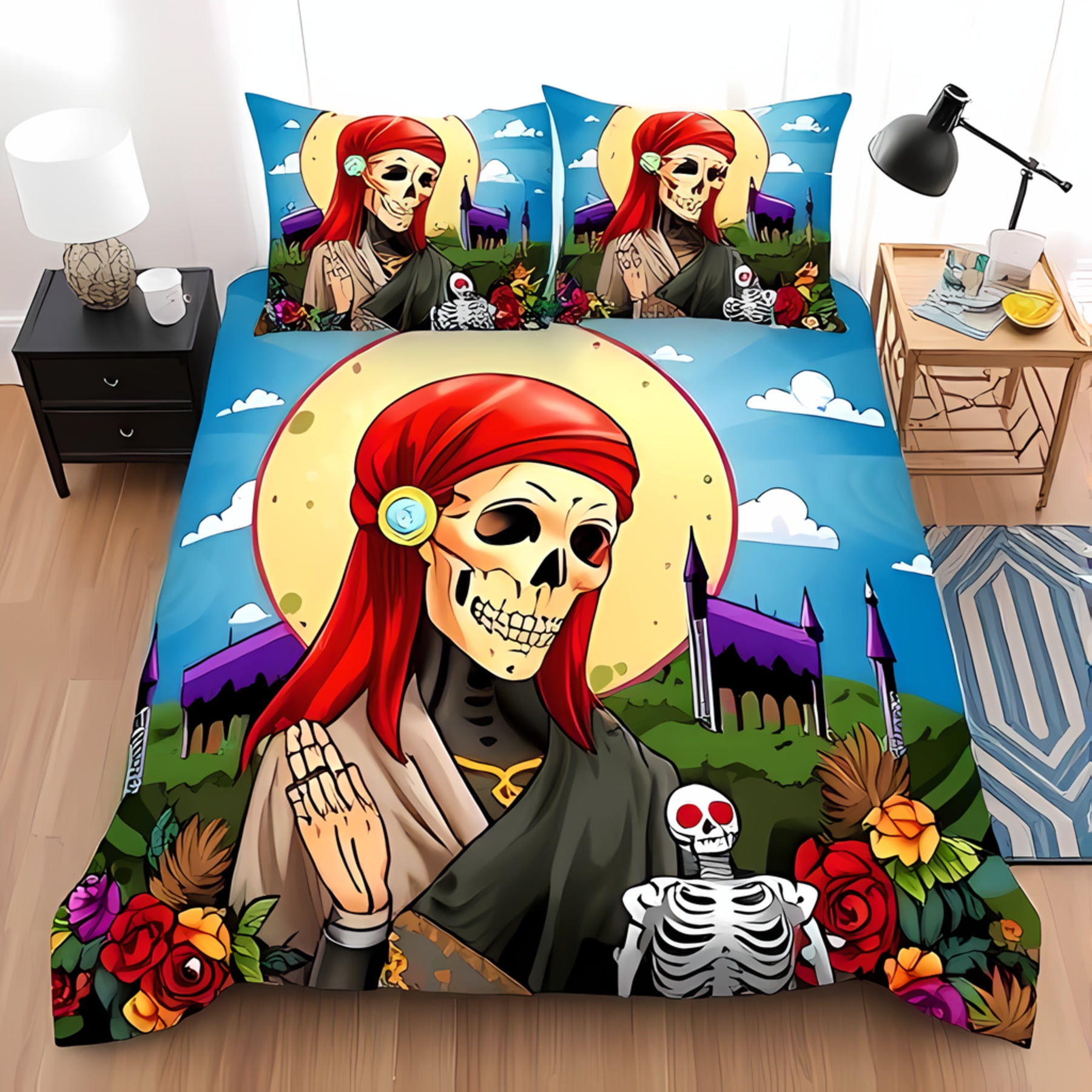 Vibrant Skeleton Duvet Cover Set - 3-Piece Bedding with Colorful Floral ...