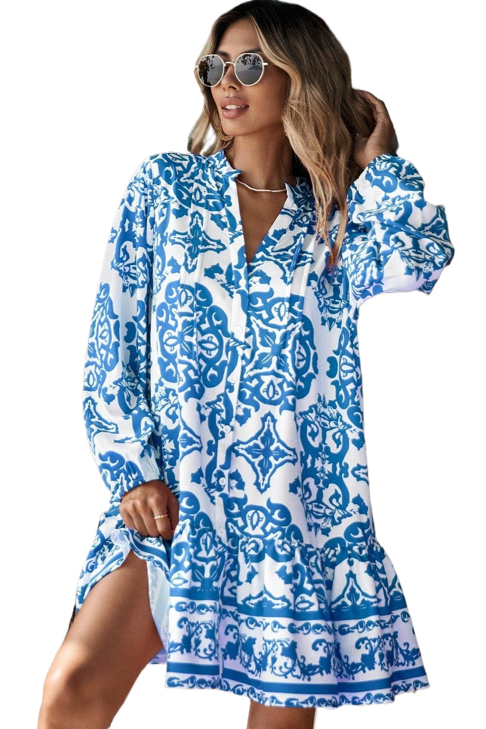 Vibrant Sky Blue Button Up Mini Dress with Loose Fit and Notch Neck ...