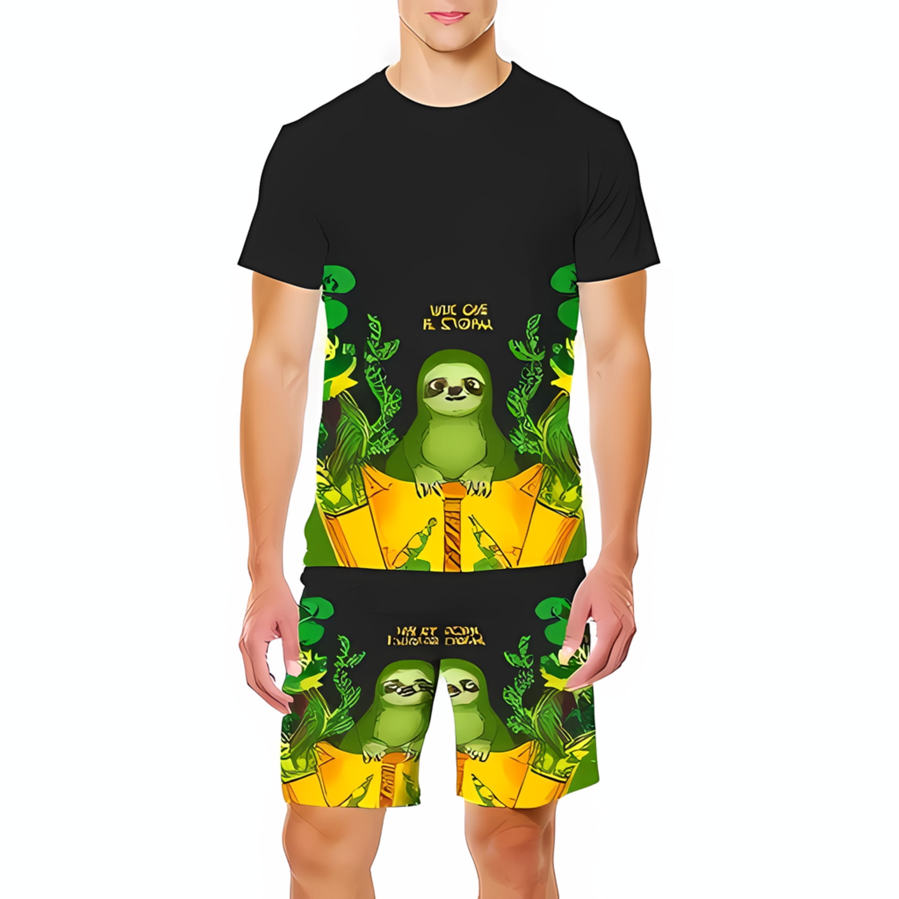 Vibrant Sloth Print T-Shirt and Shorts Set - Tropical Foliage Design ...