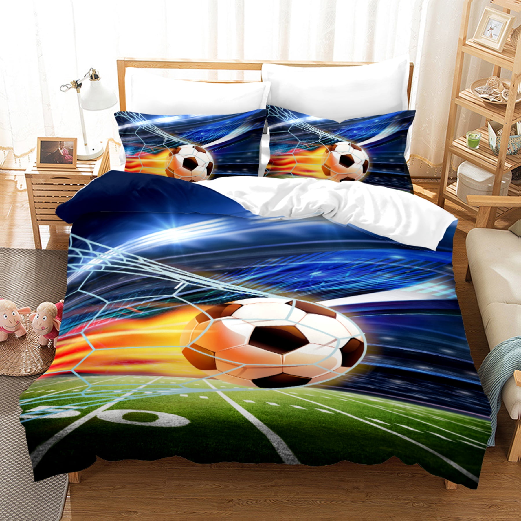 Vibrant Soccer Ball Duvet Cover Set Nighttime Stadium Design for Young ...
