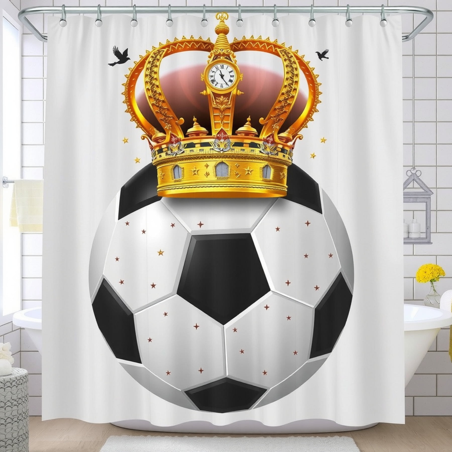 Vibrant Soccer Ball Shower Curtain with Golden Crown & Maroon Stars ...