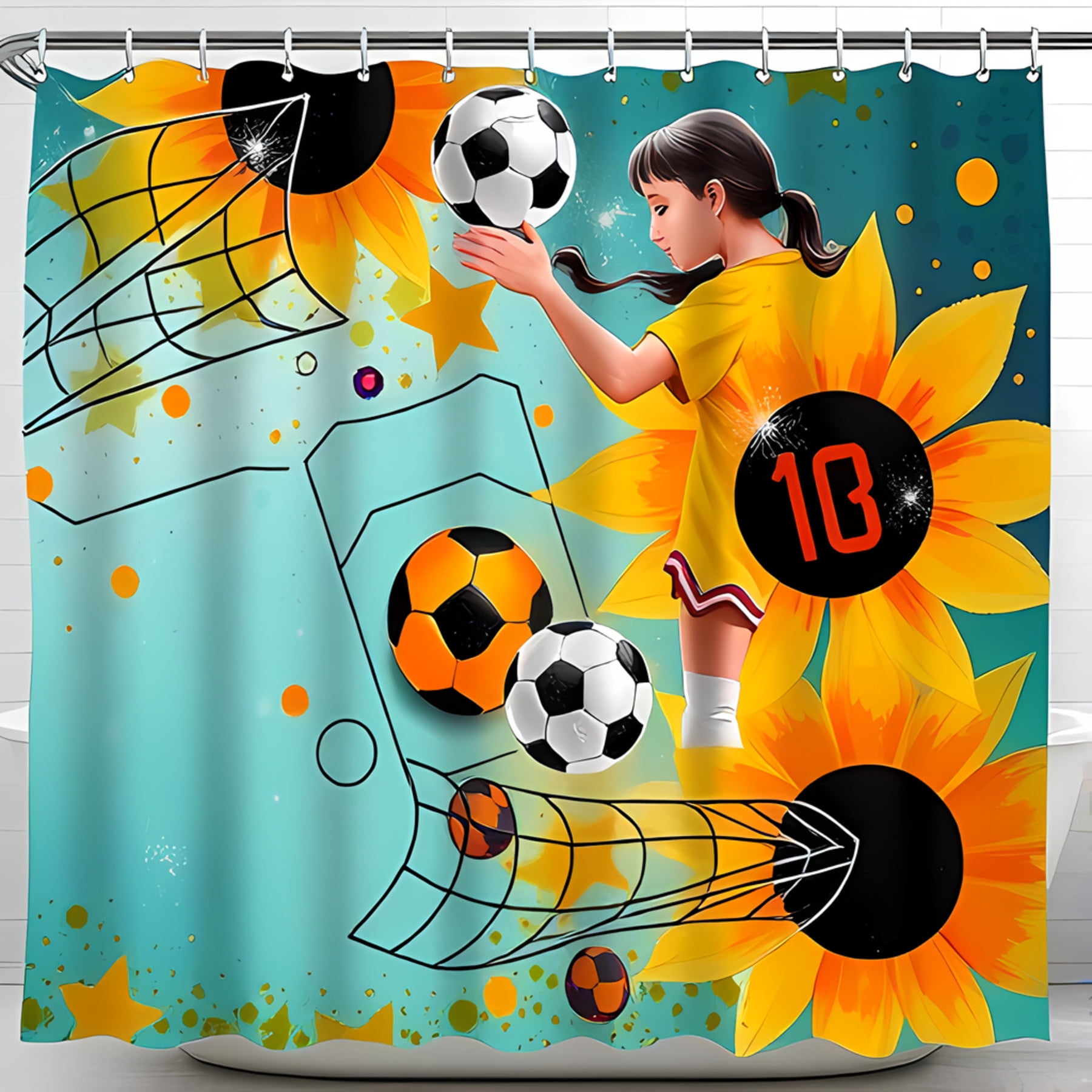Vibrant Soccer-Themed Shower Curtain with Young Girl in Yellow ...