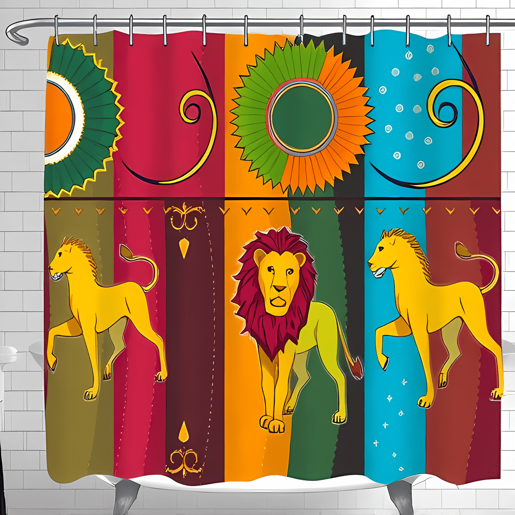 Vibrant South Asian Motif Shower Curtain with Bold Lion Design nes ...