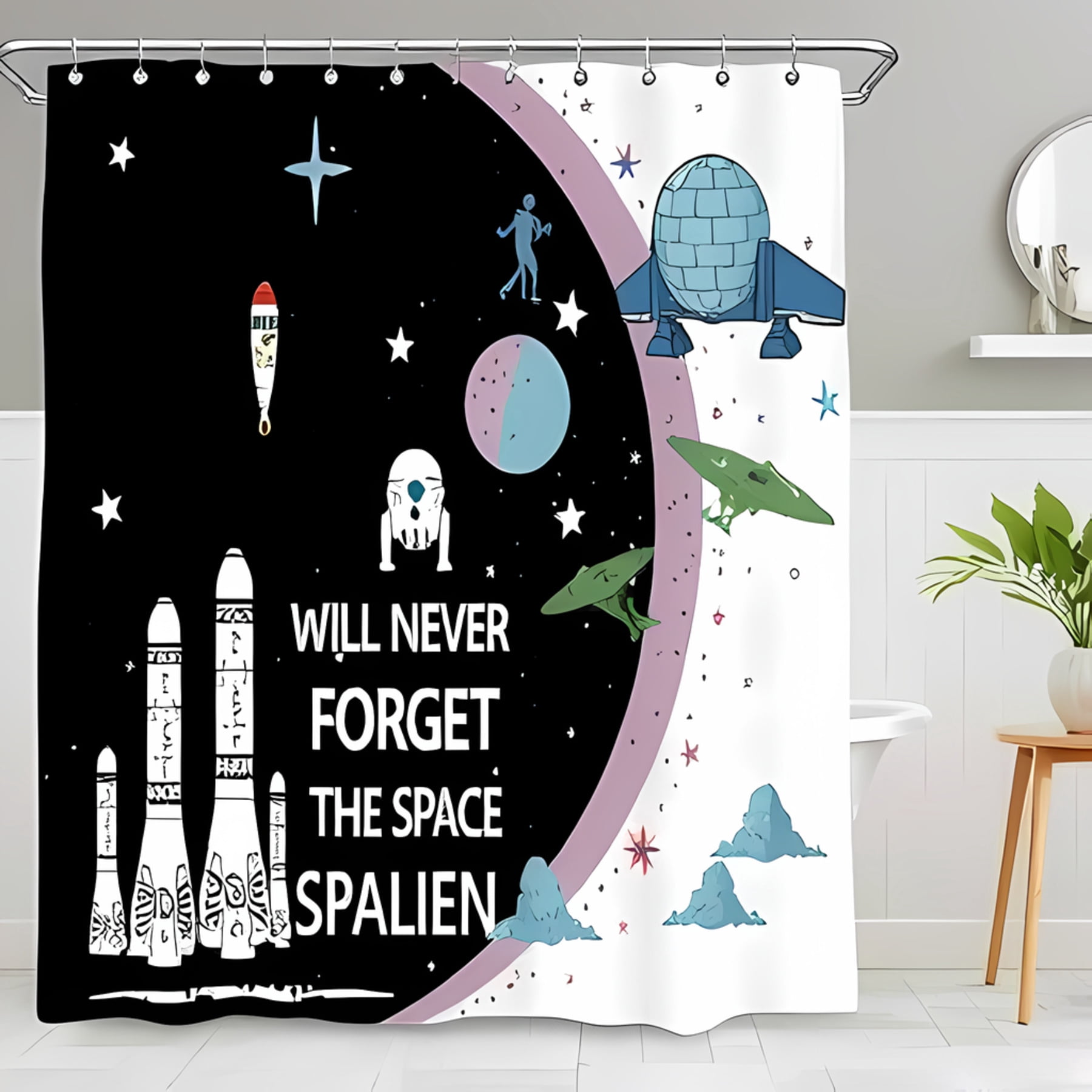 Vibrant Space Themed Shower Curtain with UFOs and Bodies - Retro ...
