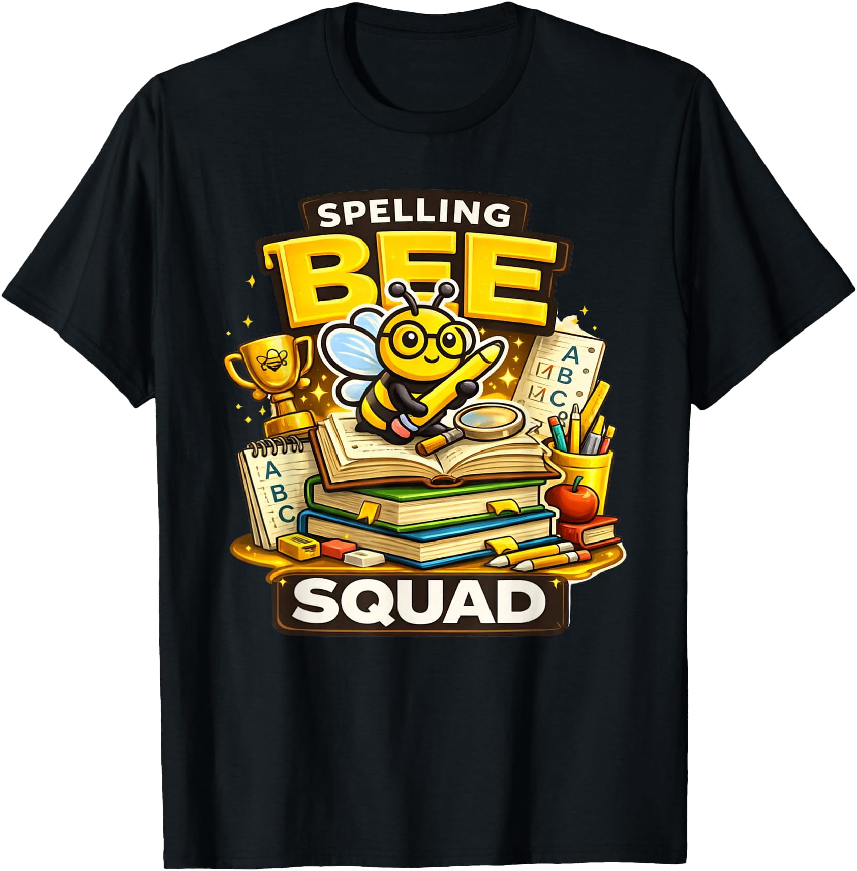 Vibrant Spelling Bee Squad T-Shirt with Cheerful Bee, Books & Trophy ...