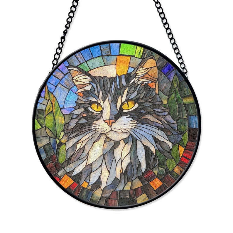 Vibrant Stained Glass Cat Panel with Golden Eyes – Unique Gift for Cat ...