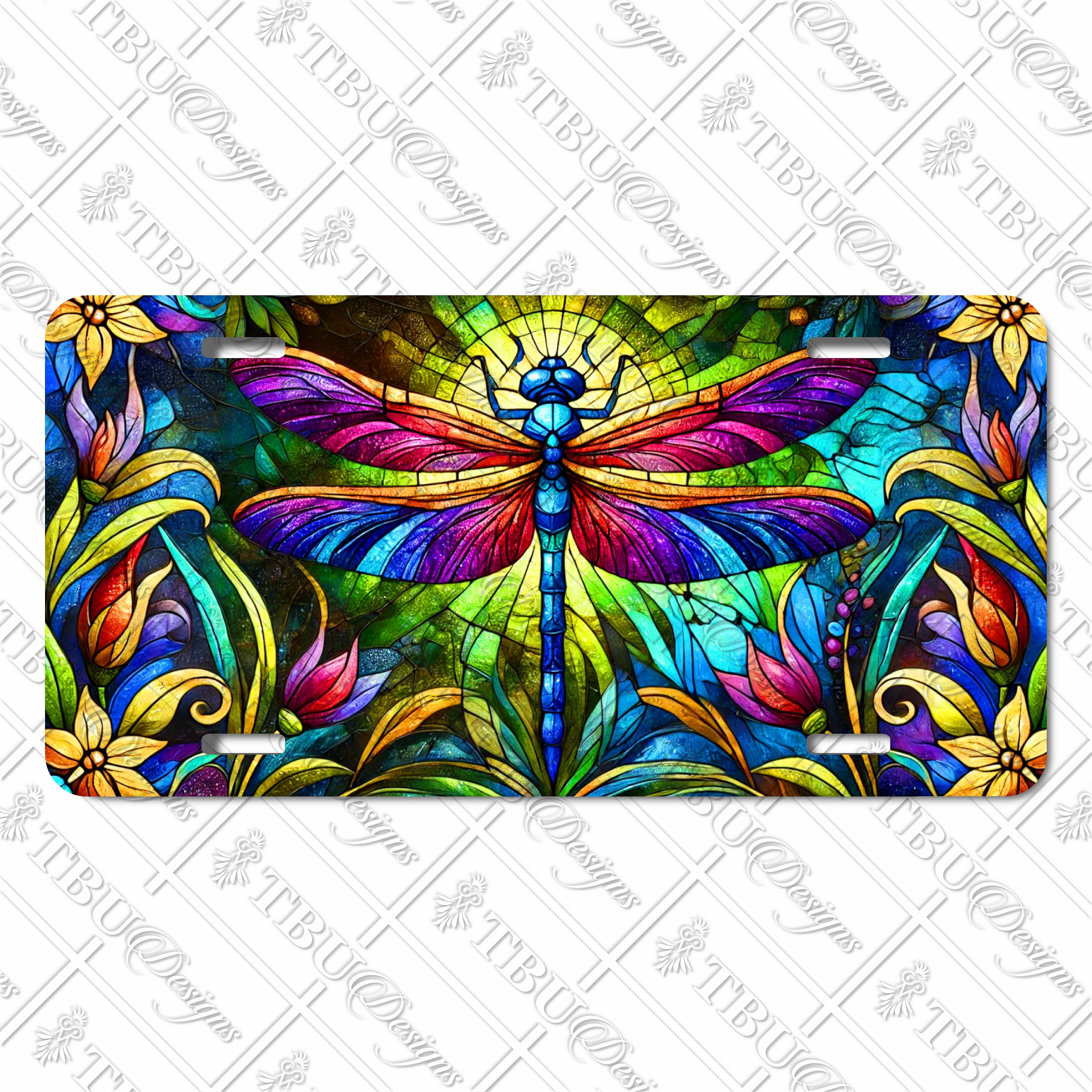 Vibrant Stained Glass Dragonfly Aluminum License Plate - Colorful ...