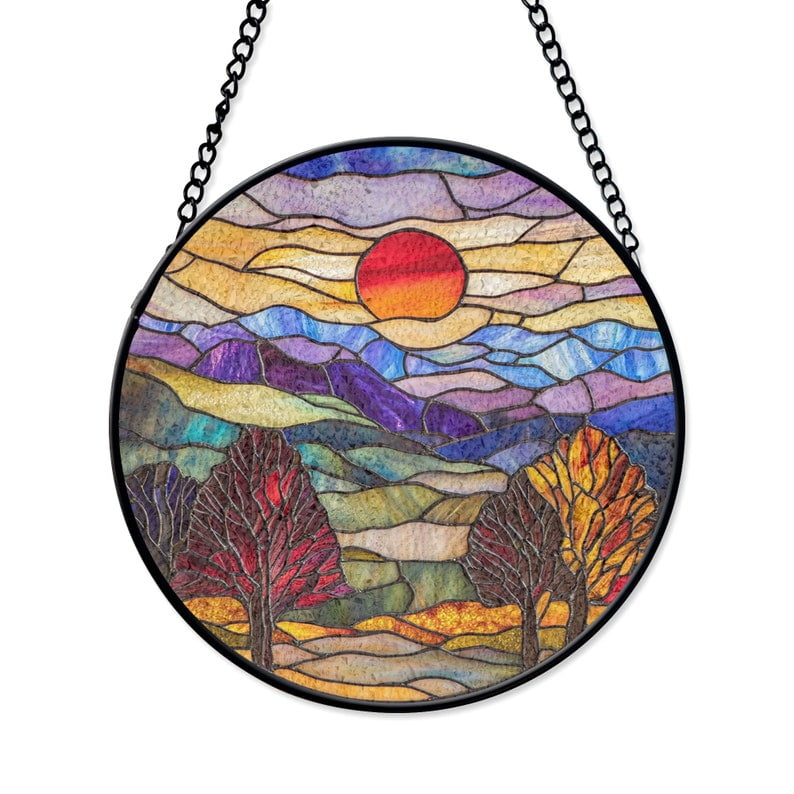 Vibrant Stained Glass Panel with Sunset Over Colorful Hills and Autumn ...