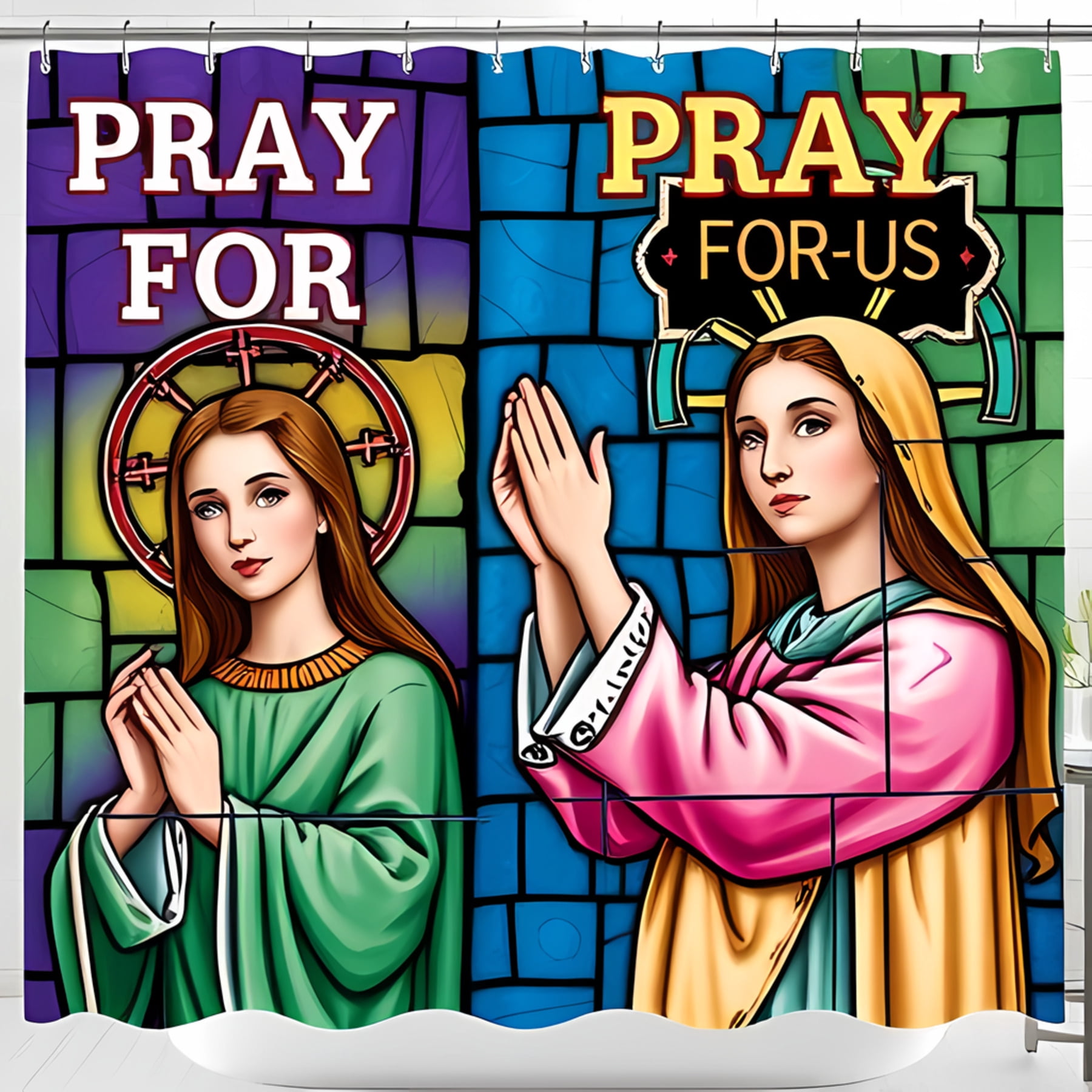 Vibrant Stained-Glass Shower Curtain with Iconic Women in Prayer - Art ...