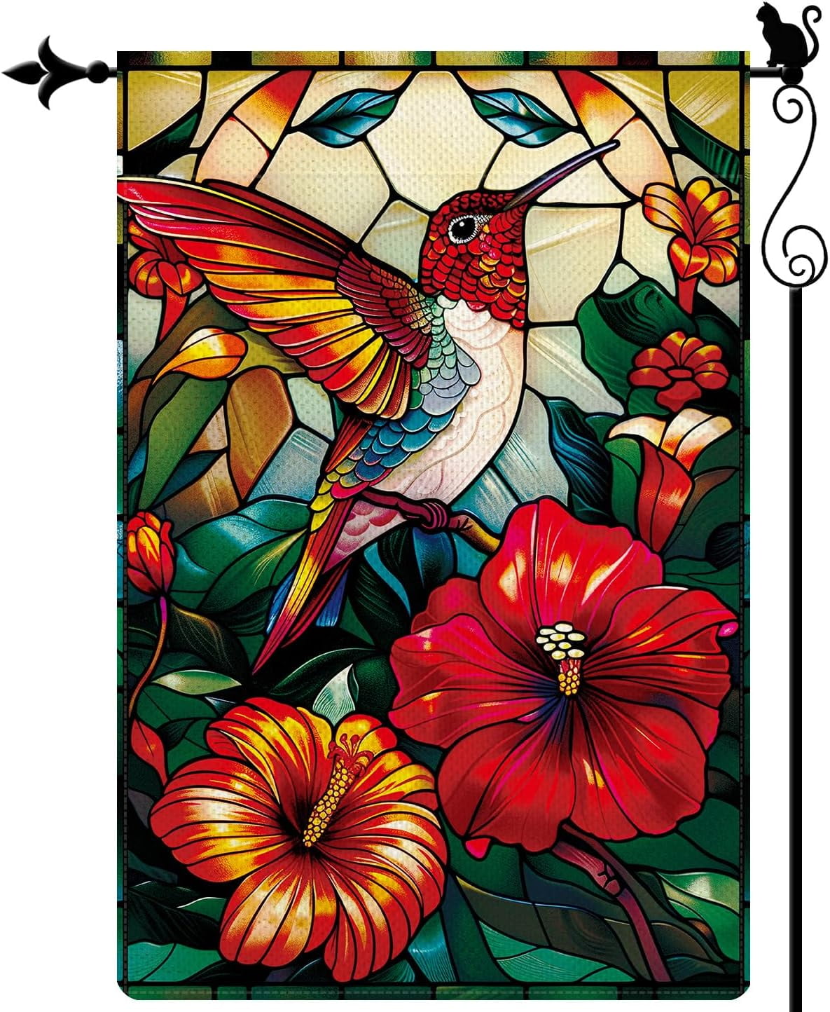 Vibrant Stained Glass Window Red Hummingbird and Floral Mural Spring ...