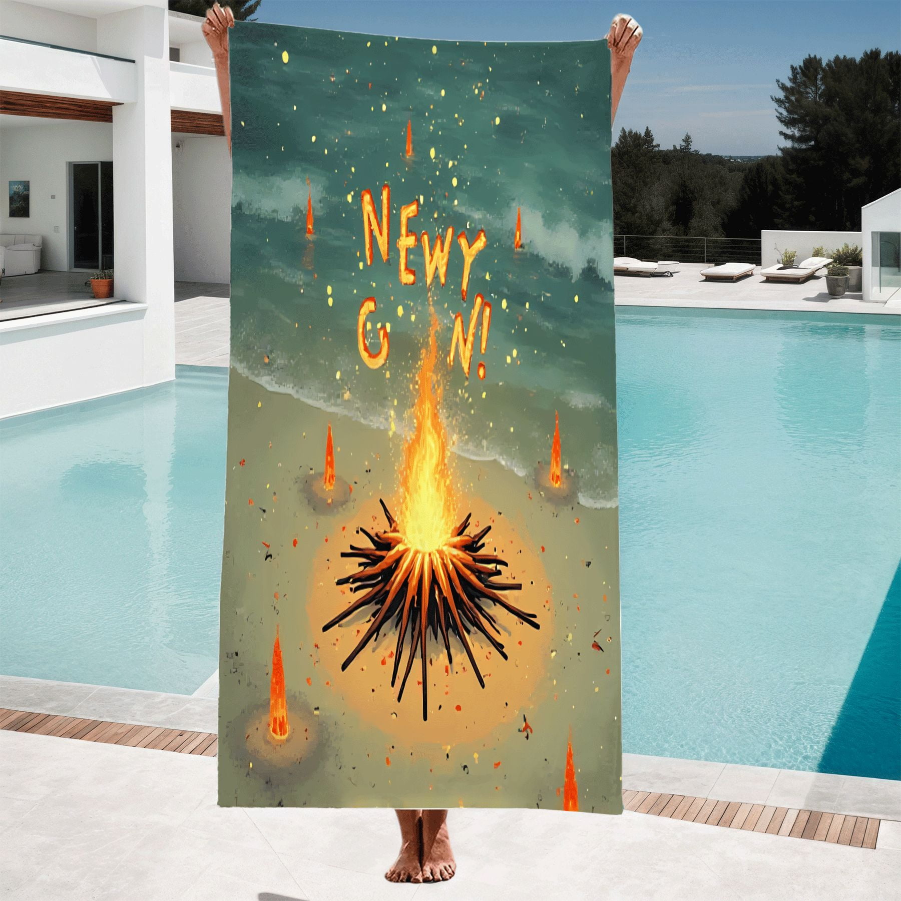 Vibrant Starry Night Campfire Design Beach Towel - Perfect for Pool ...