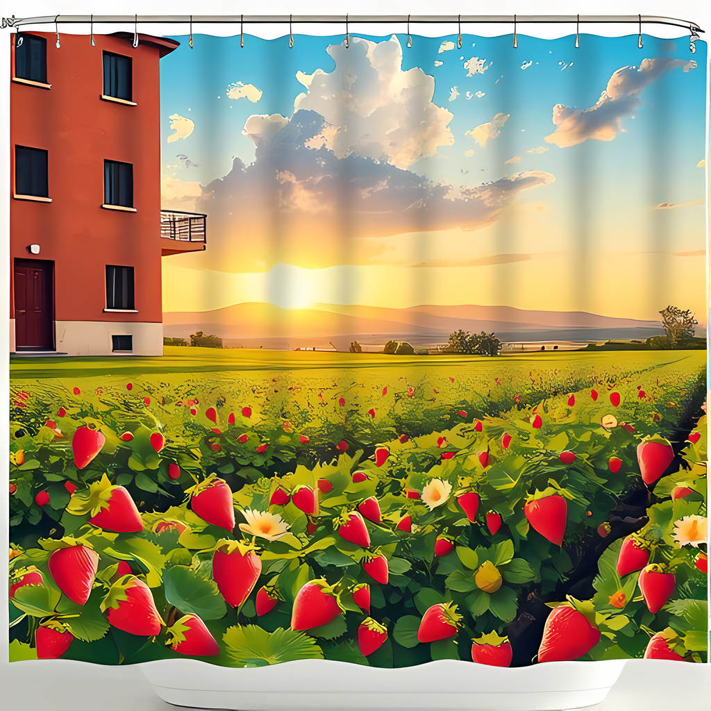 Vibrant Strawberry Field Shower Curtain - Rustic Sunset Scene for a ...