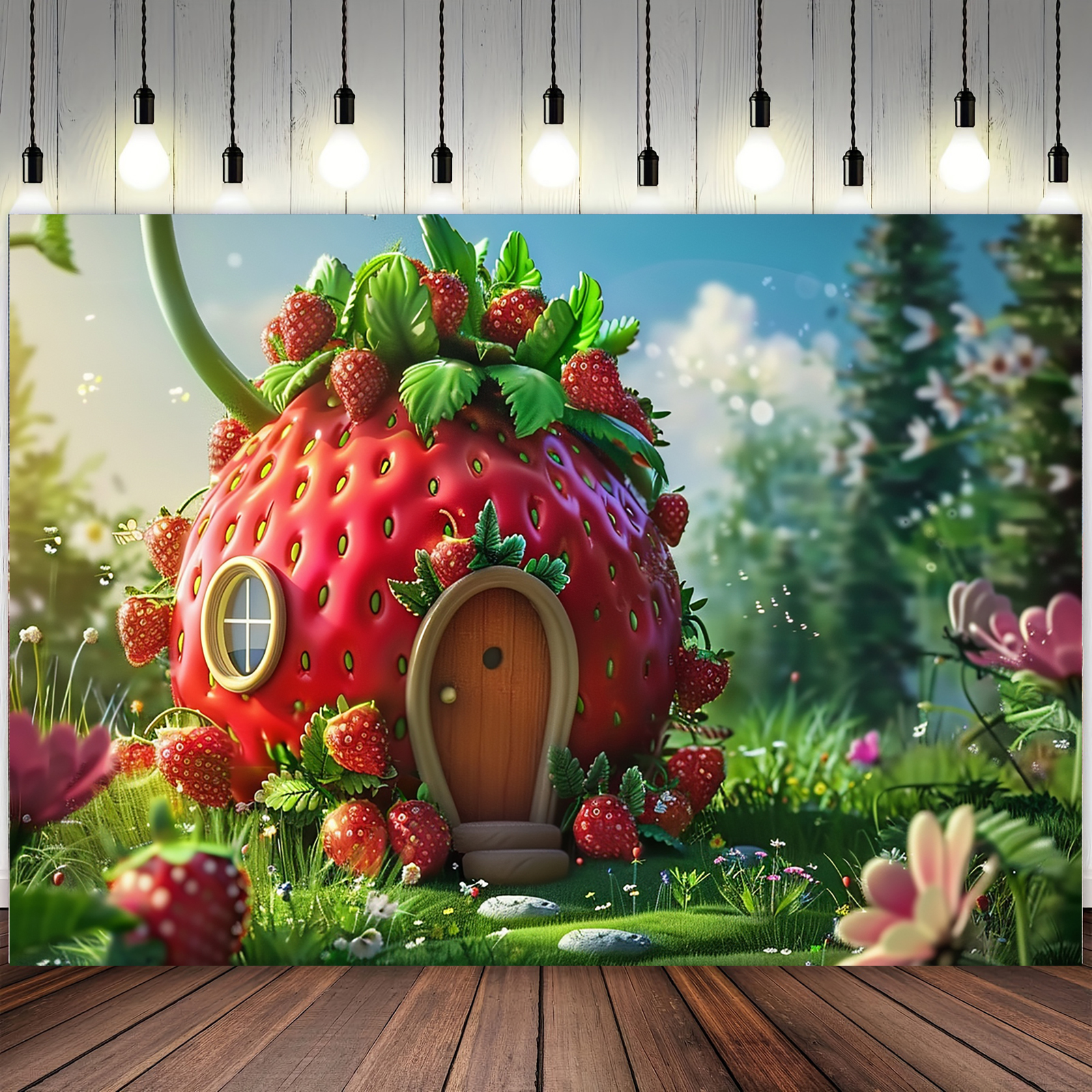 Vibrant Strawberry Garden Backdrop Whimsical Red Strawberry House ...