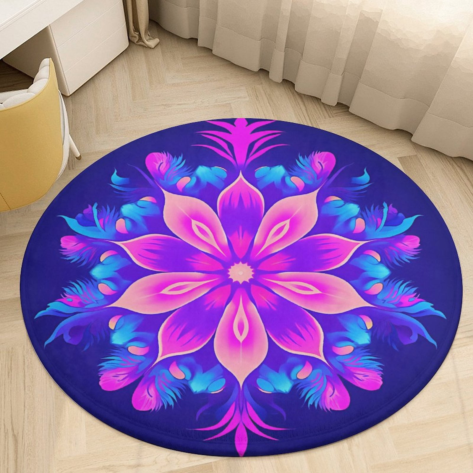 A Vibrant, Stylized Floral Mandala Composed of Pink And Blue Feathers ...