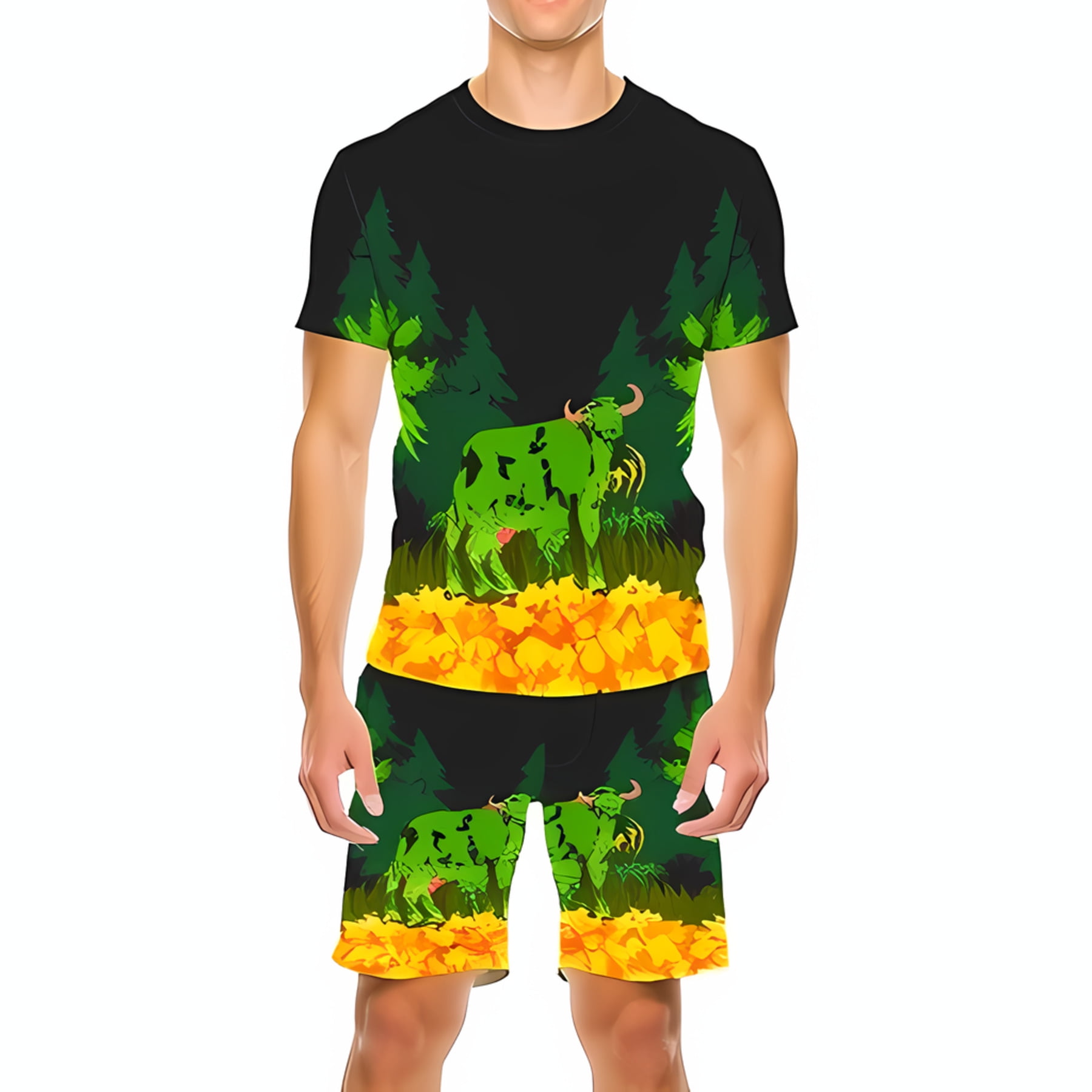 Vibrant Summer T-Shirt & Shorts Set with Bold Cartoon Green Cow Print ...