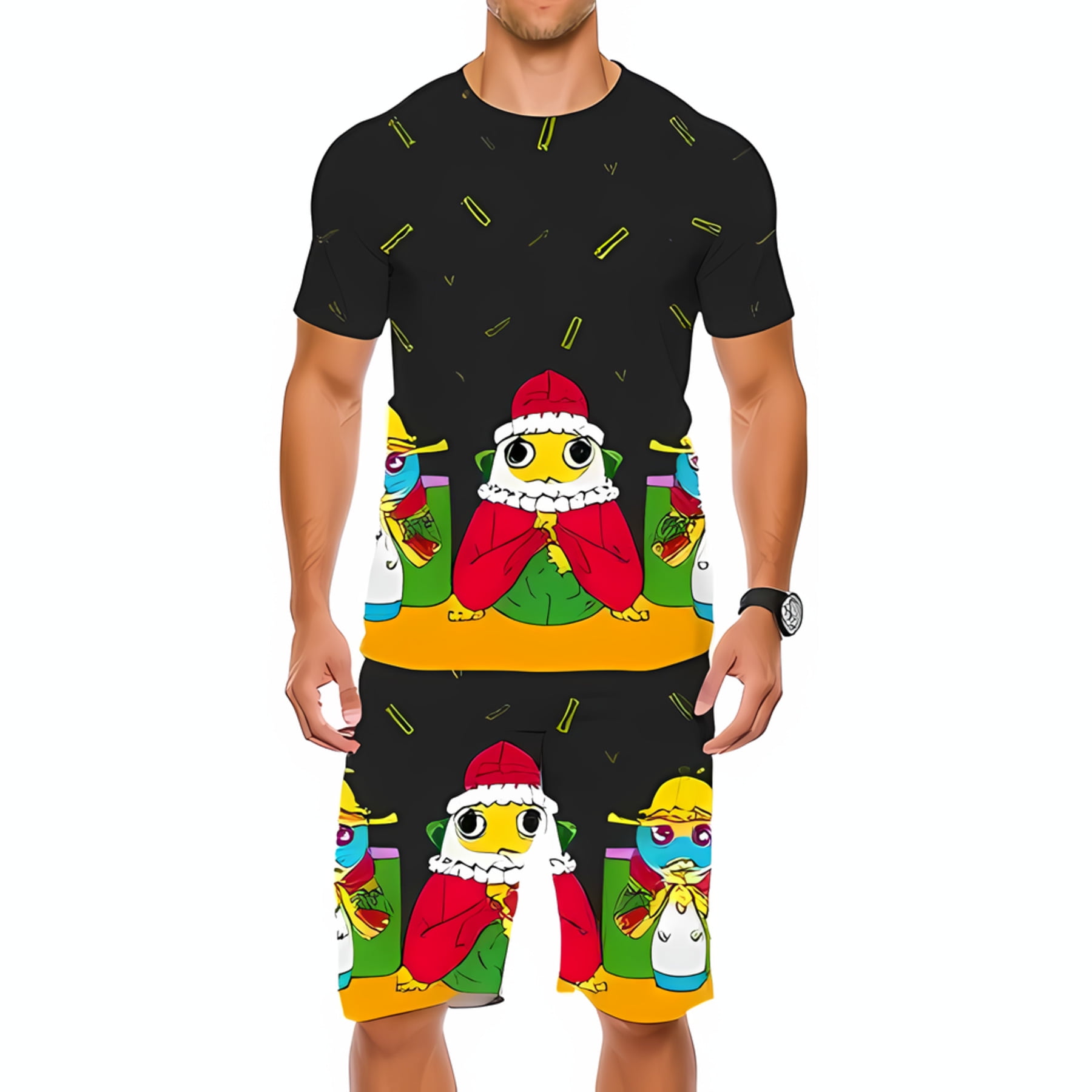 Vibrant Summer T-Shirt and Shorts Set with Cartoon Characters Green ...