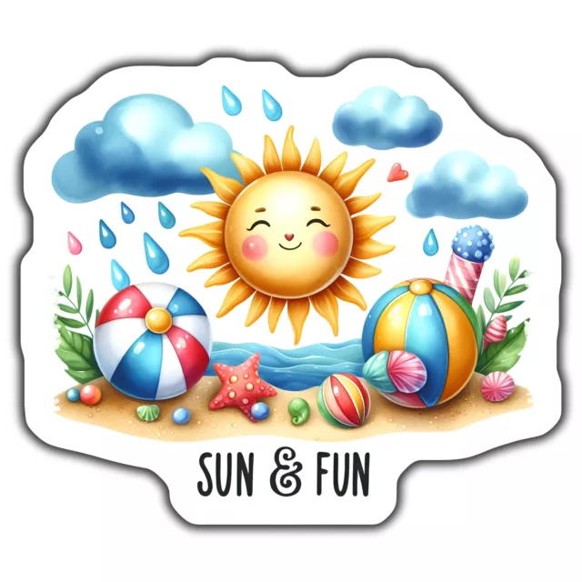 Vibrant Sun And Fun Beach Sticker, Cute Summer Sun With Beach Balls ...
