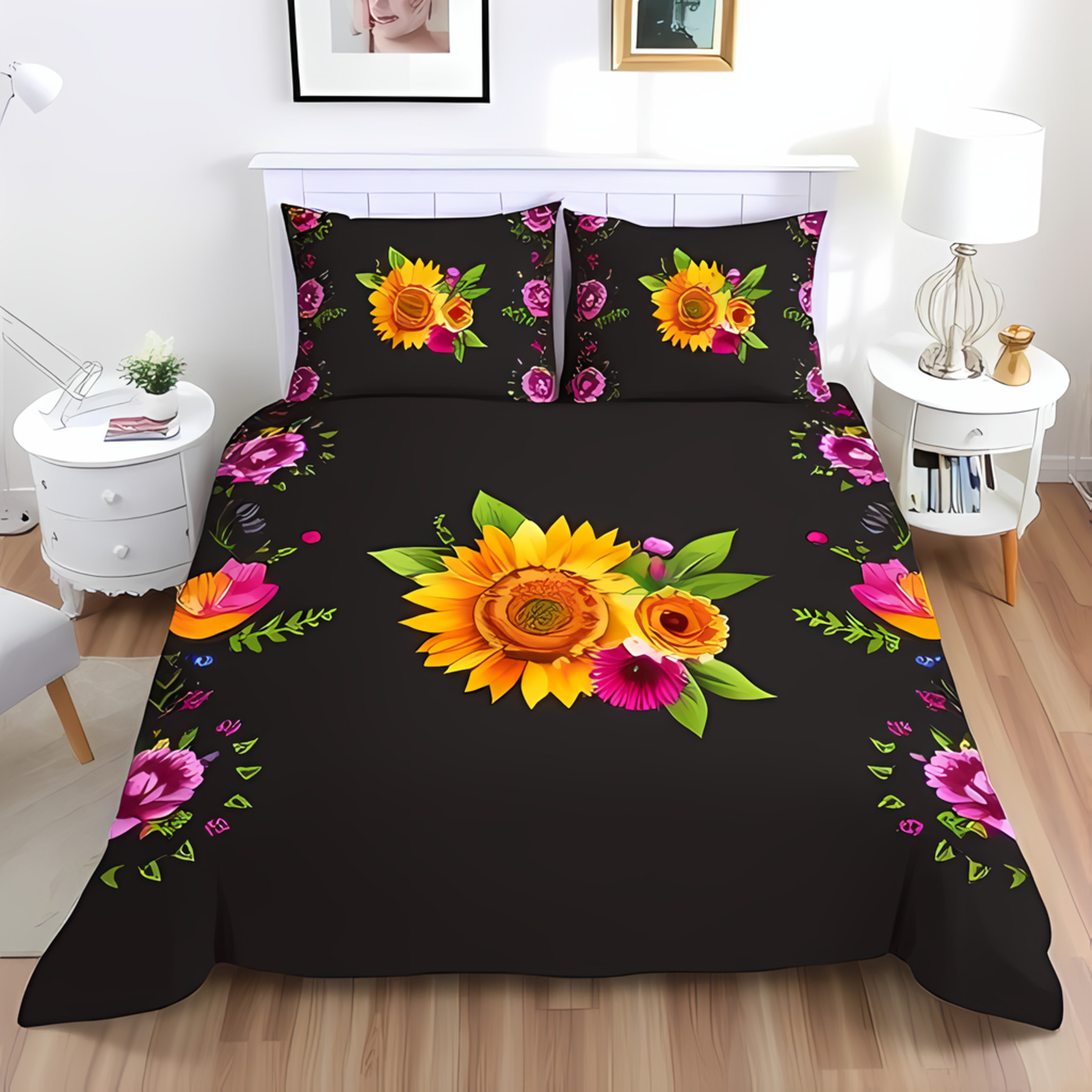 Vibrant Sunflower 3-Piece Duvet Cover Set - Black Floral Bedding with ...