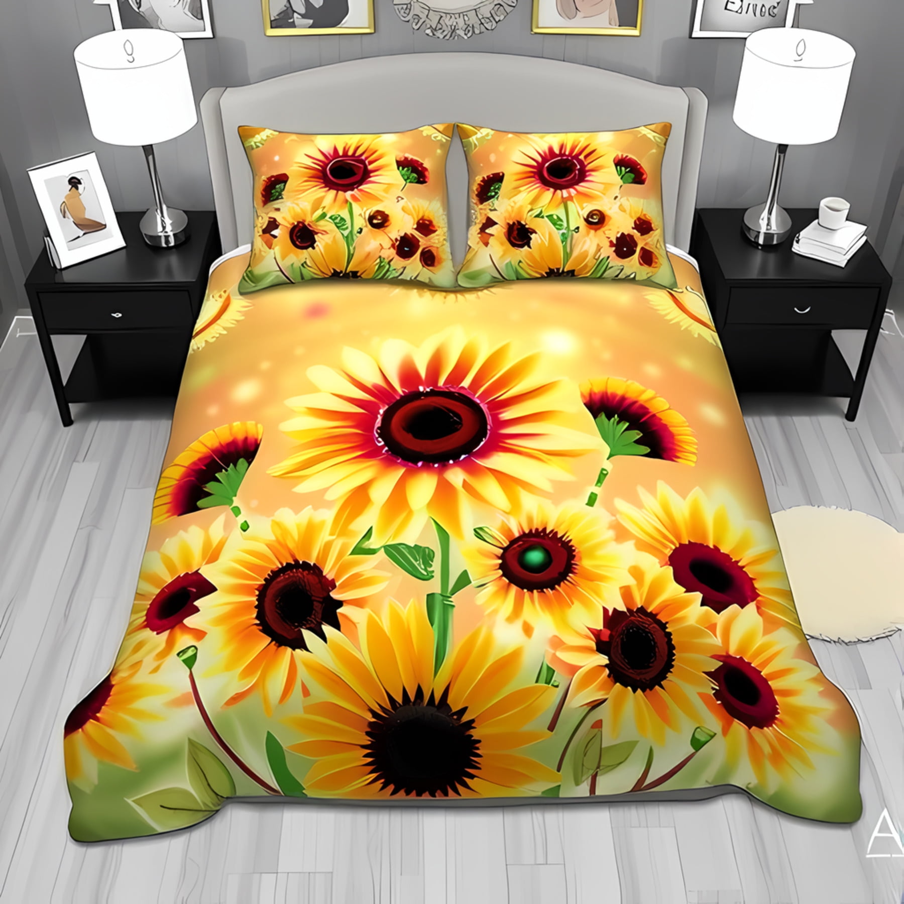 Vibrant Sunflower 3-Piece Duvet Cover Set - Colorful Floral Design on ...