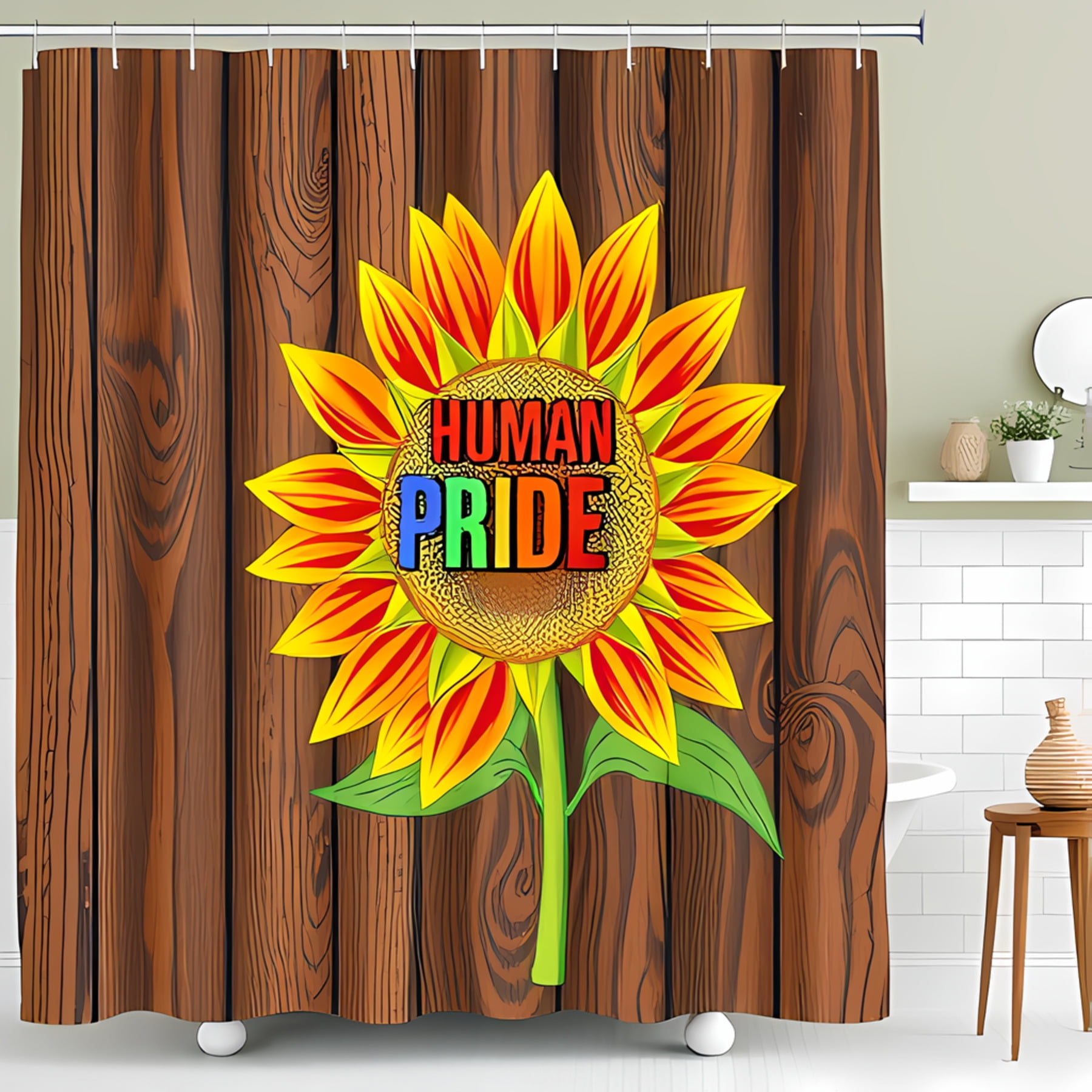 Vibrant Sunflower Shower Curtain with Rainbow 'HUMAN PRIDE' Text on ...