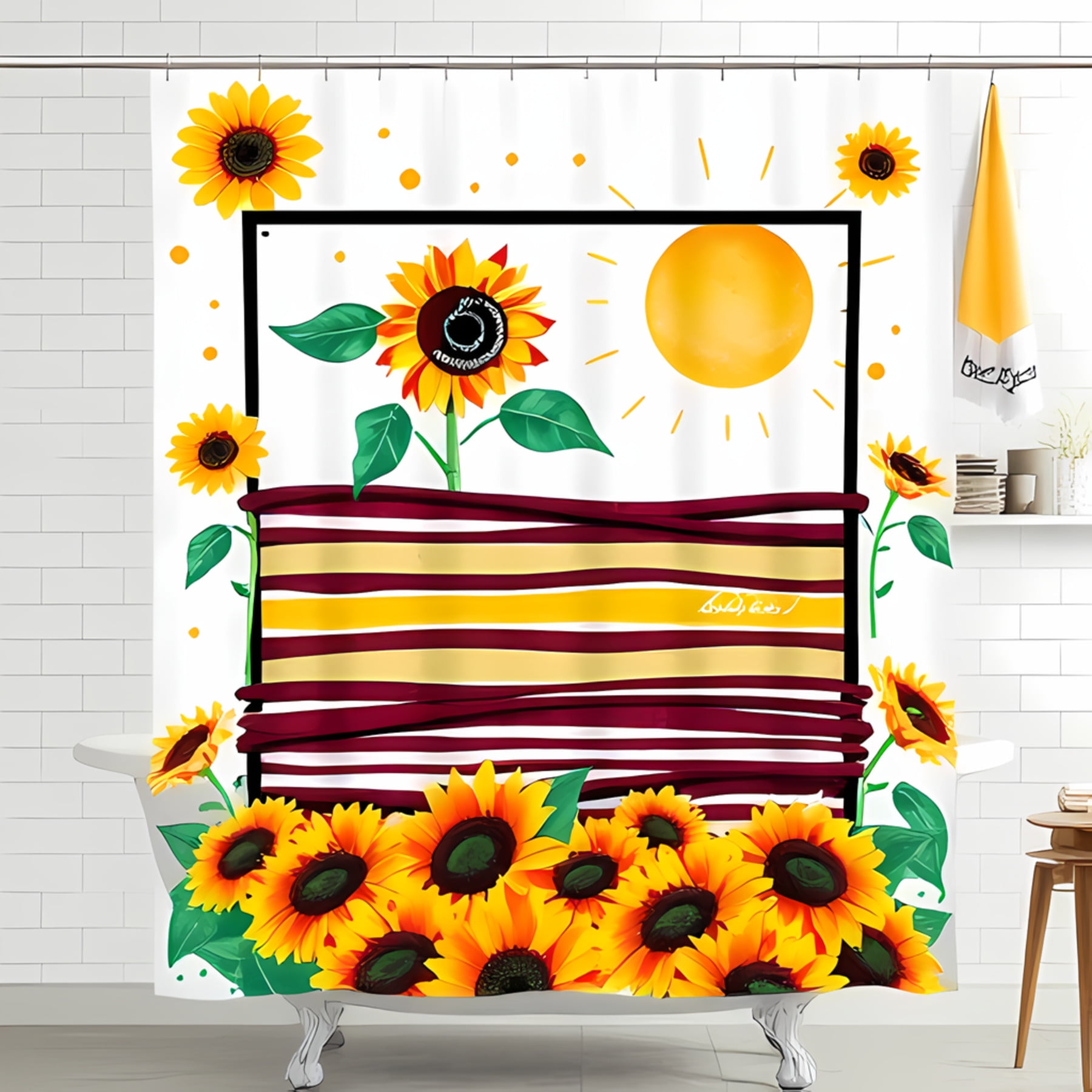 Vibrant Sunflower Shower Curtain with Rustic Maroon and Gold Bands ...