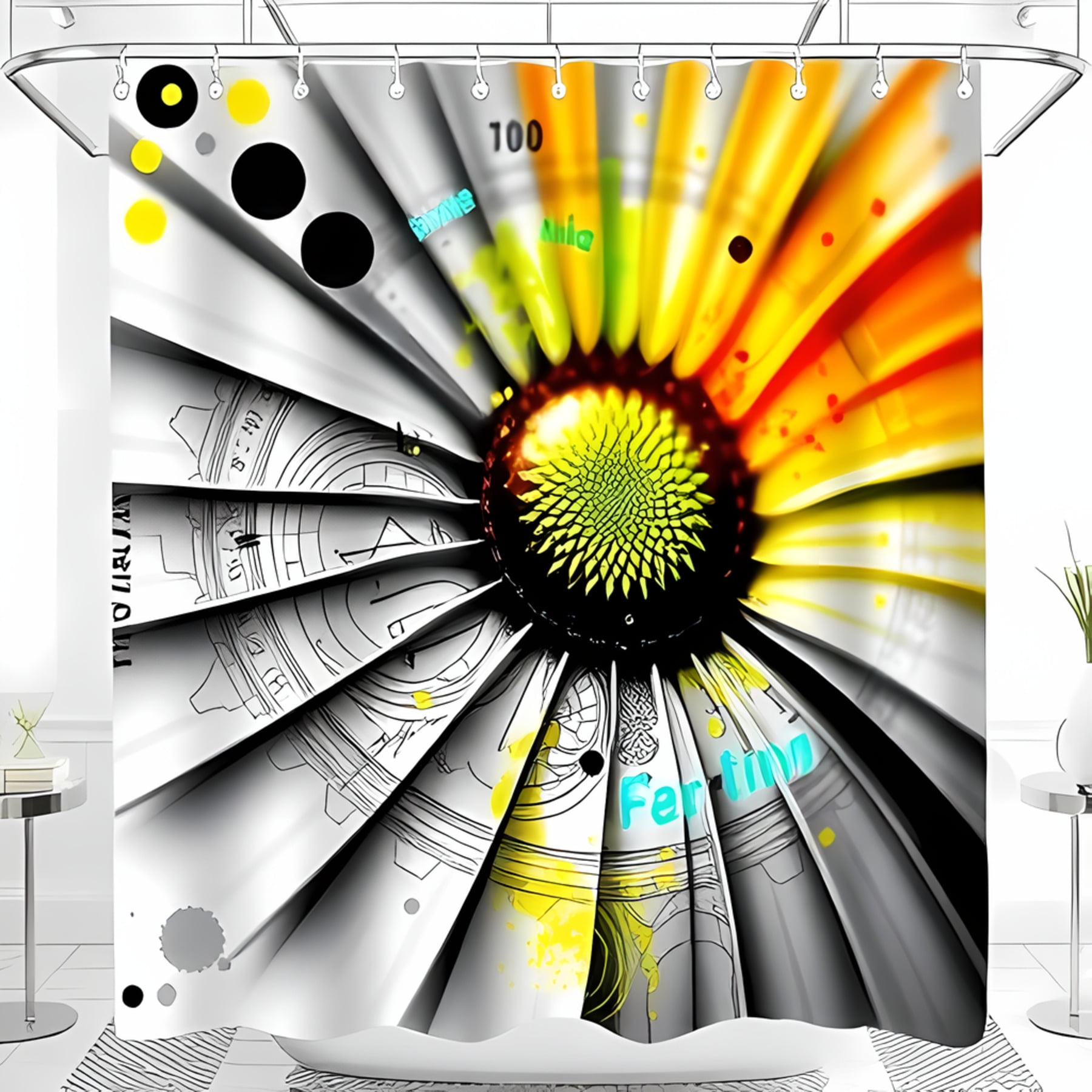 Vibrant Sunflower Shower Curtain with Technical Drawing Design Colorful ...